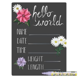 cohas hello world newborn baby announcement chalkboard sign with mixed flower theme, 9 by 12 inches, lilac marker