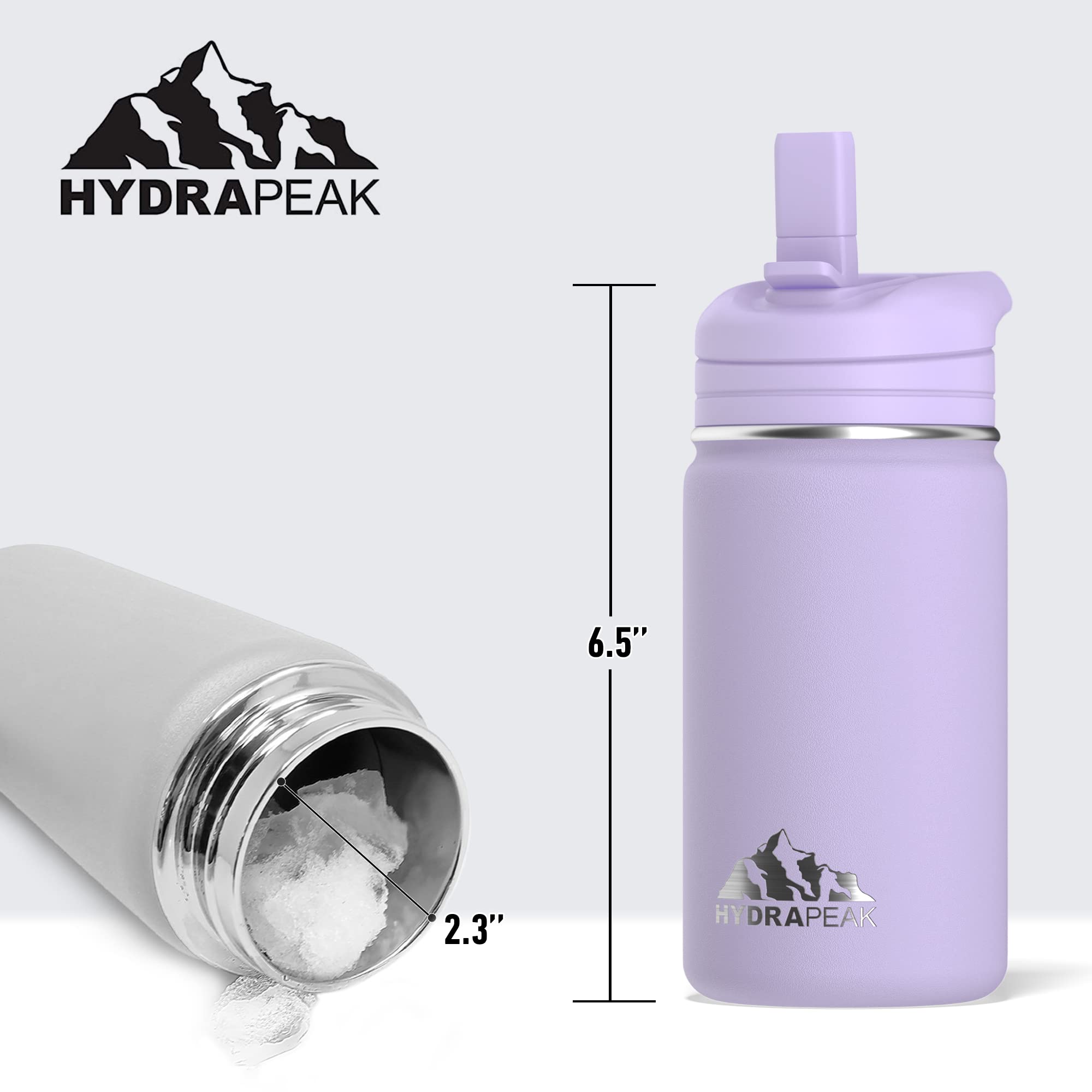 Hydrapeak Mini 14oz Water Bottle with Straw Lid, Stainless Steel Double Wall Insulated Water Bottle | Leak-Proof and Spill-Proof Water Bottle, 24 Hours Cold (Lavender)