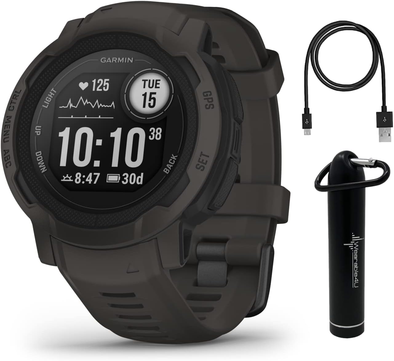 Wearable4U Garmin Instinct 2S GPS Smaller-Sized Rugged Outdoor Smartwatch, Graphite with Corning Gorilla Glass, Multi-GNSS Support Power Bundle