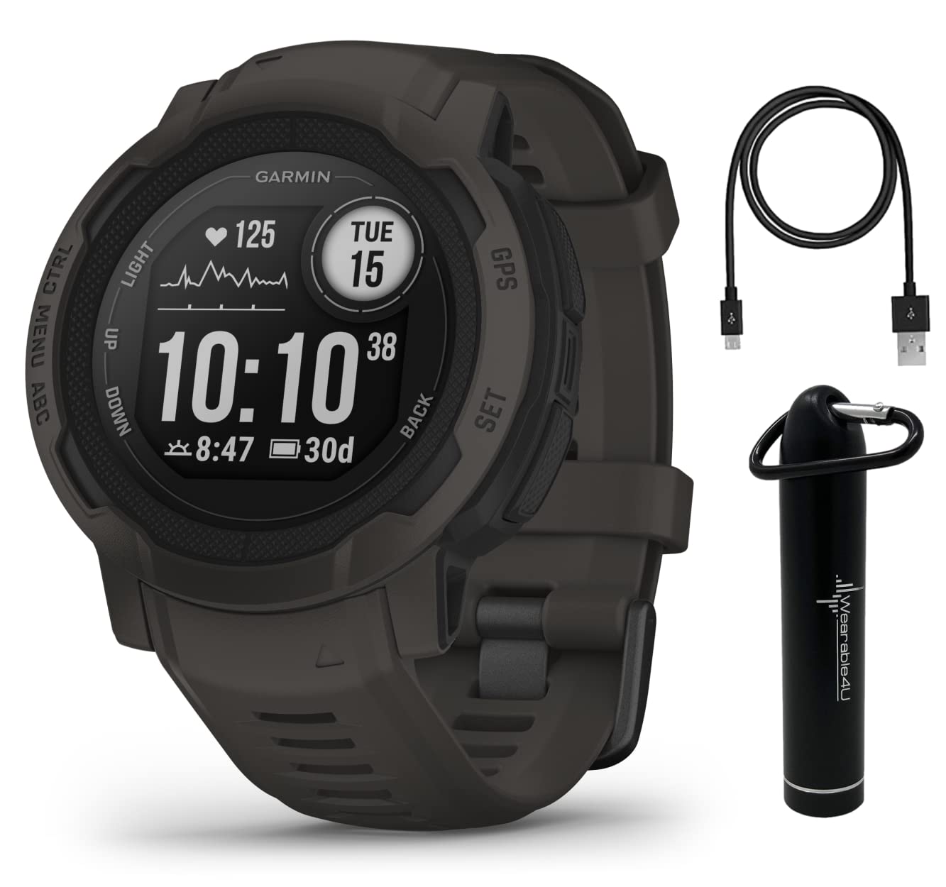 Wearable4U Garmin Instinct 2S GPS Smaller-Sized Rugged Outdoor Smartwatch, Graphite with Corning Gorilla Glass, Multi-GNSS Support Power Bundle