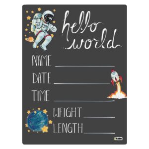 cohas hello world newborn baby announcement chalkboard sign with space theme, 9 by 12 inches, no marker