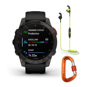 garmin epix gen 2 smartwatch (sapphire black titanium) bundle with wireless headphones (black/lime green) and below zero 12kn heavy duty carabiner (3 items)