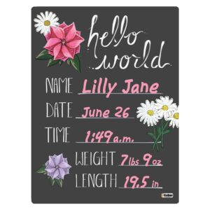 Cohas Hello World Newborn Baby Announcement Chalkboard Sign with Mixed Flower Theme, 9 by 12 Inches, Pink Marker