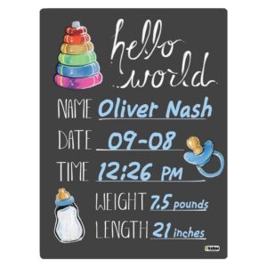 Cohas Hello World Newborn Baby Announcement Chalkboard Sign with Basic Design Theme, 9 by 12 Inches, Blue Marker