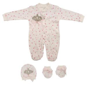 lal & luna baby 3 pc crown jewel cotton outfit, footie with hat and mittens (09-white -pink star (girl), 0-3 months)