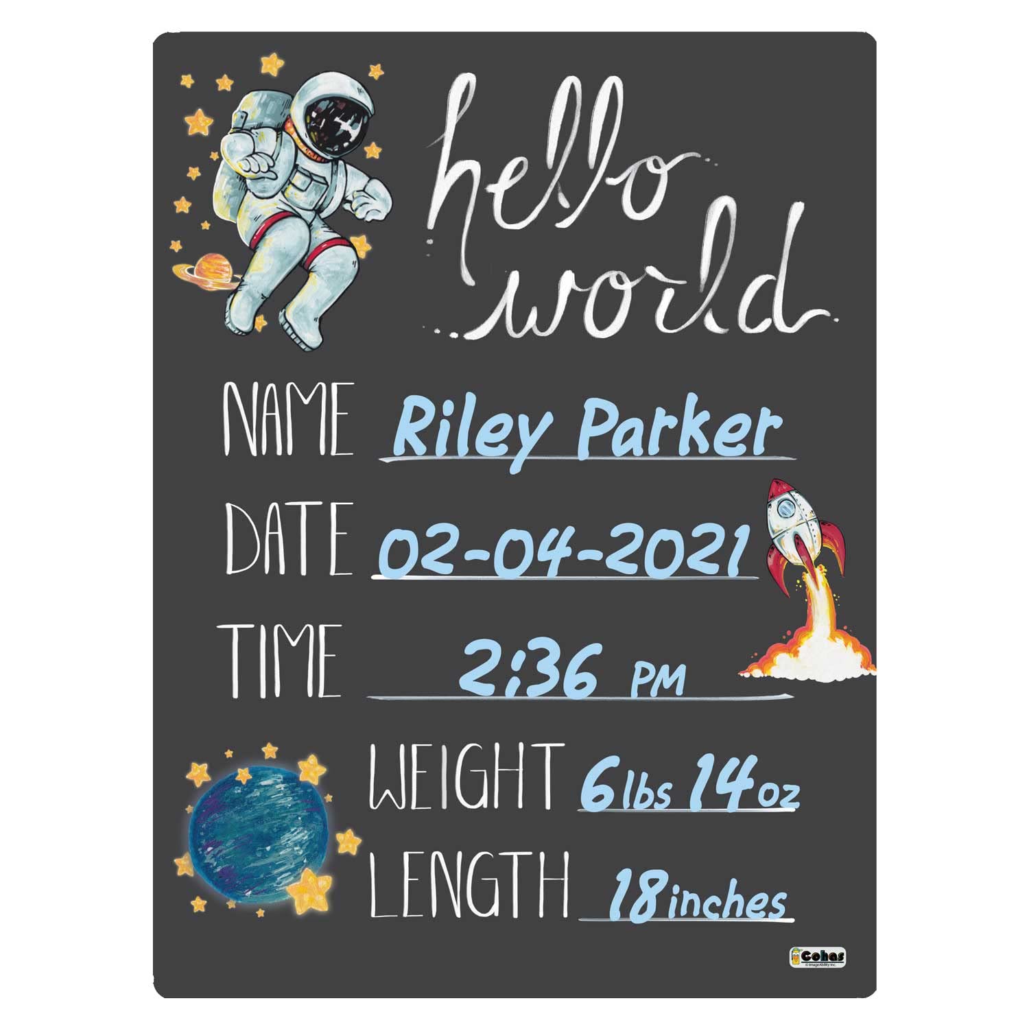 Cohas Hello World Newborn Baby Announcement Chalkboard Sign with Space Theme, 9 by 12 Inches, No Marker