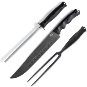 dfackto interceptor 10-inch butcher knife, 7-inch carving fork, 8-inch honing steel for outdoors, black tactical g10