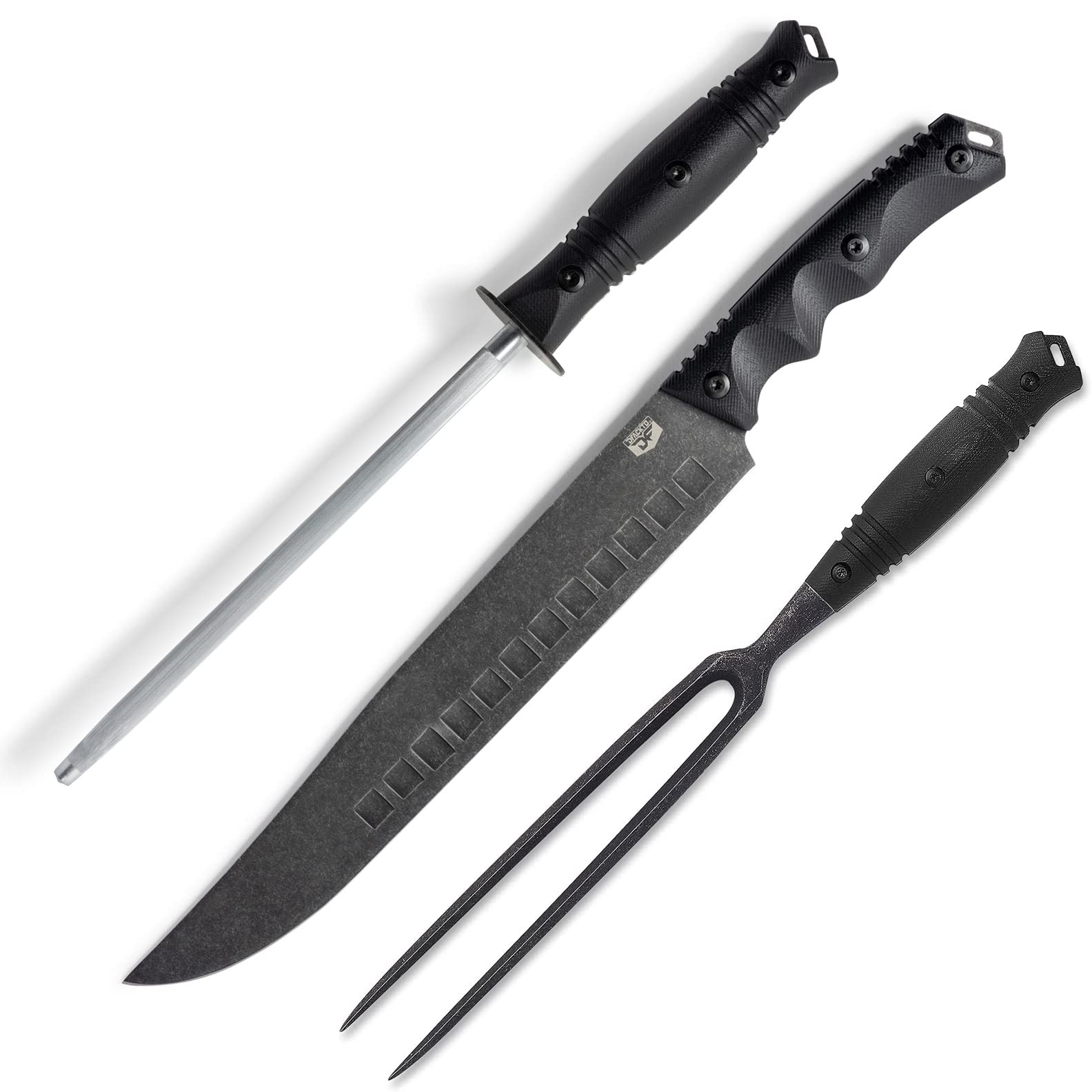 DFACKTO Interceptor 10-Inch Butcher Knife, 7-Inch Carving Fork, 8-Inch Honing Steel for Outdoors, Black Tactical G10