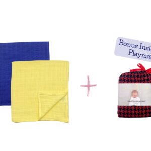 Cute New York Cotton Muslin Swaddle Baby Blankets 2 Pieces Set (Royal Blue/Yellow)