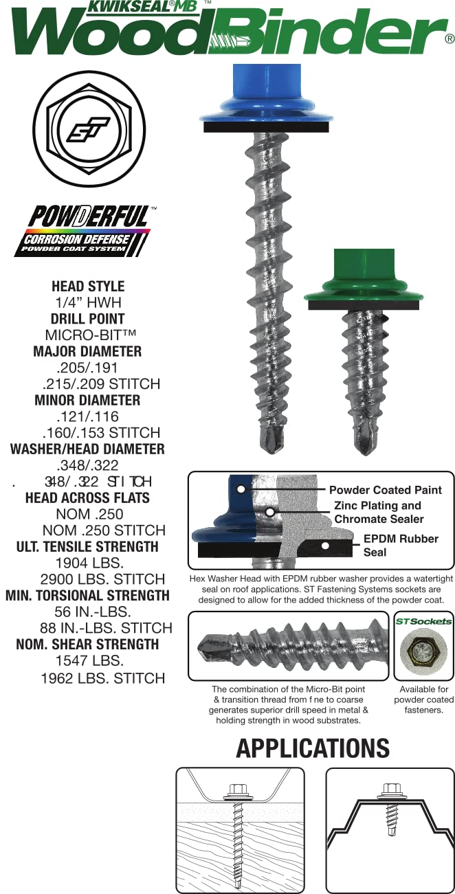 Fasteners Plus ST Fastening #12 x 3/4" Kwikseal Woodbinder Metal Roofing Stitch Screws Metal-to-Wood Brown (Pack of 250)