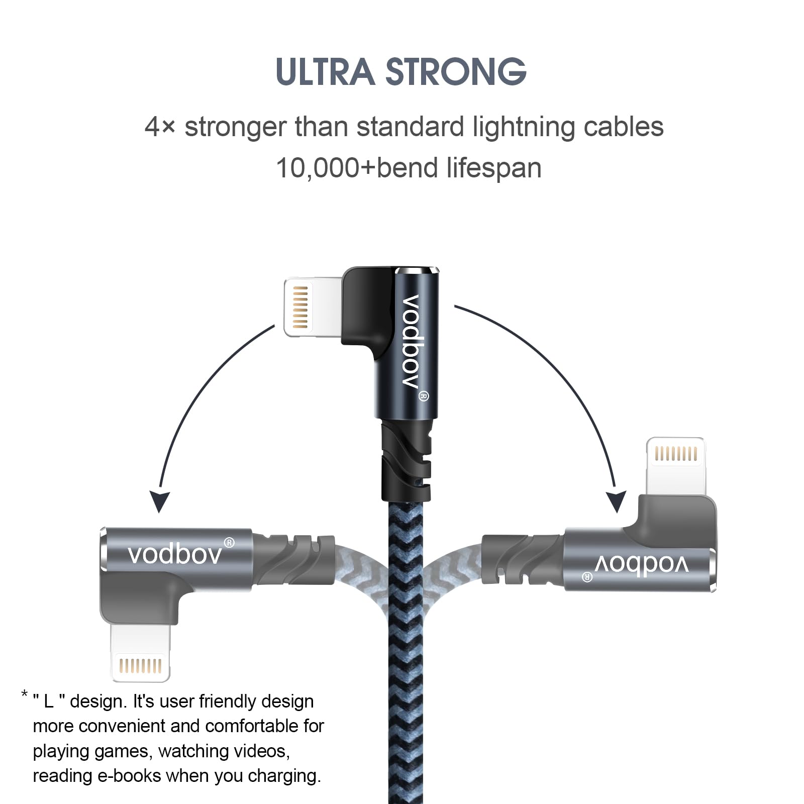 VODBOV 90 Degree iPhone Charger Fast Charging Cable 2Pack 10ft 6ft USB C to Lightning Right Angle Black