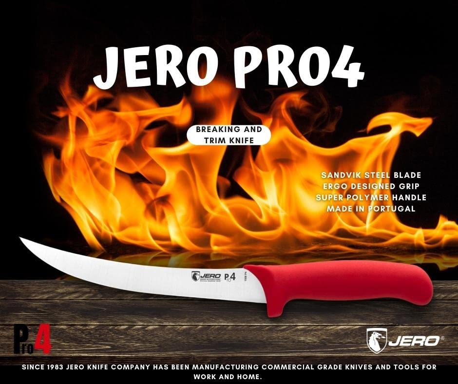 Jero Pro4 Trim and Breaking Knife - 8 Inch Blade - Sandvik Steel And Super Polymer Ergo Designed Handle - Professional Grade Butcher Knife