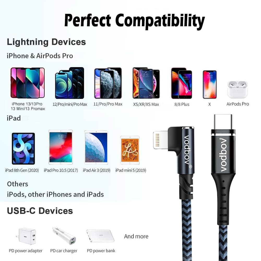 VODBOV 90 Degree iPhone Charger Fast Charging Cable 2Pack 10ft 6ft USB C to Lightning Right Angle Black