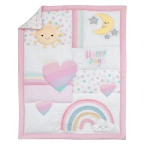 nojo happy days pink, white, and yellow rainbows and sunshine 4 piece nursery crib bedding set - comforter, 100% cotton fitted crib sheet, crib skirt and reversible storage