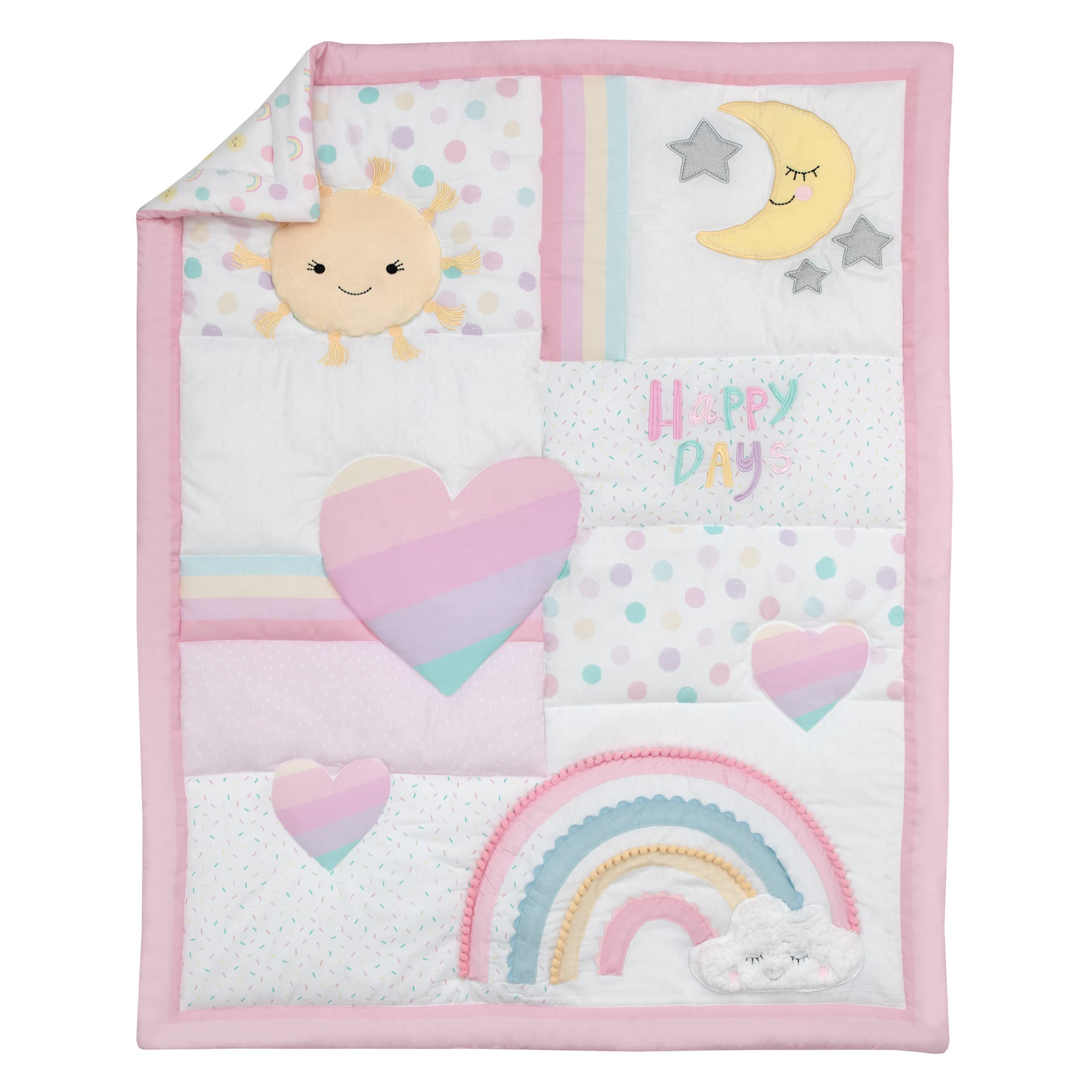 NoJo Happy Days Pink, White, and Yellow Rainbows and Sunshine 4 Piece Nursery Crib Bedding Set - Comforter, 100% Cotton Fitted Crib Sheet, Crib Skirt and Reversible Storage