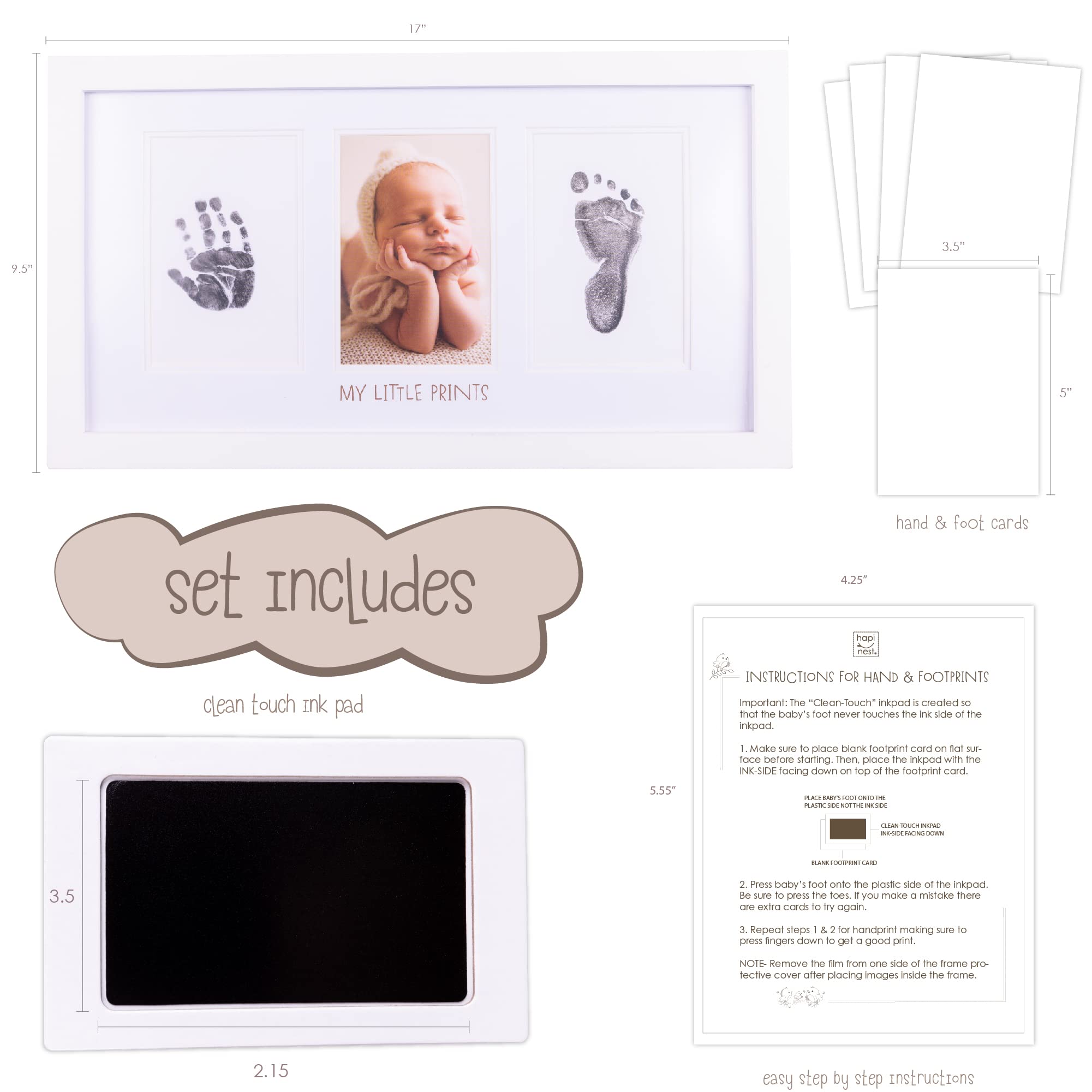 Hapinest Newborn Baby Handprint and Footprint Keepsake Picture Photo Frame - Neutral Nursery Wall Décor Baby Shower Registry Gifts for New Moms and Dads