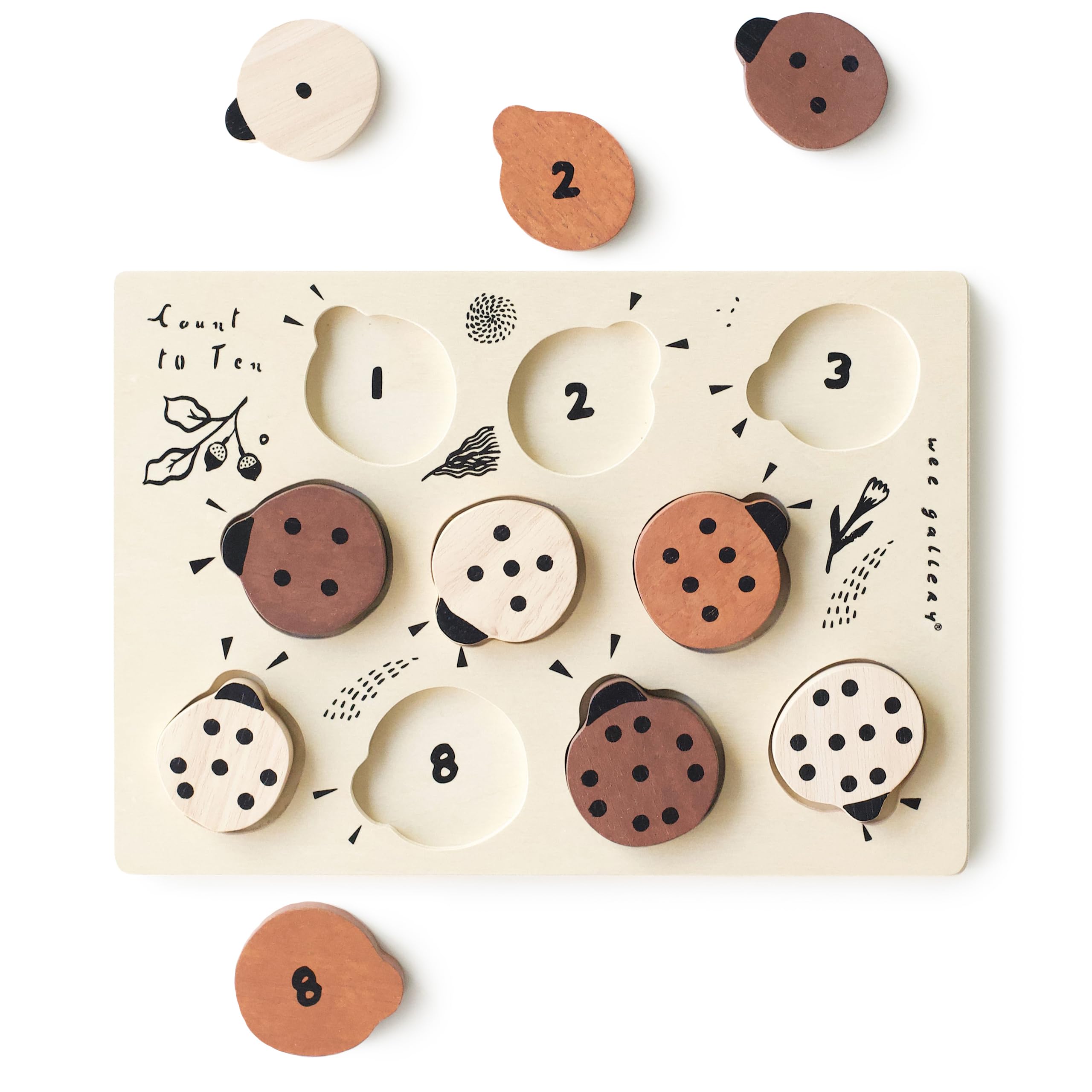 Wee Gallery Wooden Tray Puzzle Count to Ten Ladybugs - Montessori Toys for Early Learning & Fine Motor Skill Development - Sustainable Educational Toys for Kids - (10x 7 Inches)