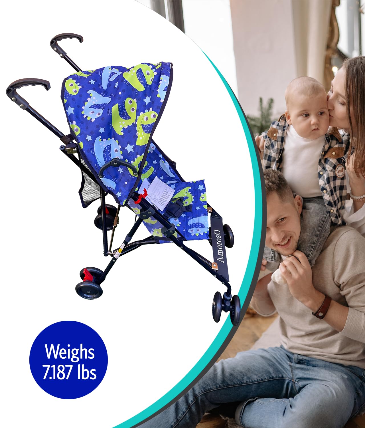 AmorosO Single Umbrella Stroller for Toddler, Travel Stroller for Babies - Sunlight and Light Rain Protection - Baby Stroller with Four EVA Wheels - Travel-Ready Stroller - Round Canopy Navy Blue