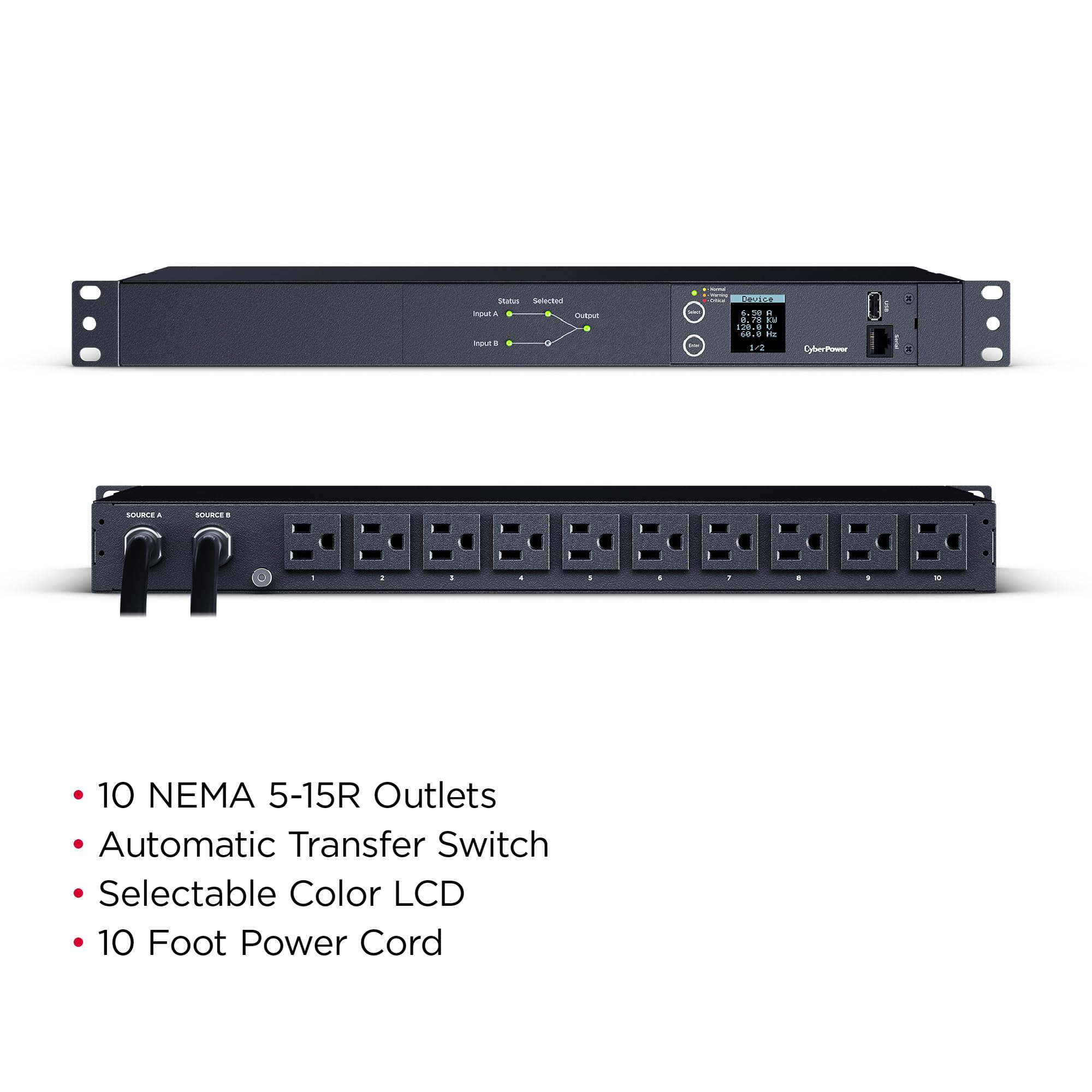 CyberPower PDU24001 Metered ATS PDU, 100-120V, 15A (Derated to 12A), 10 Outlets, 1U Rackmount