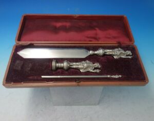 english silverplate desk set 3pc knife seal pen in original fitted box (#5888)