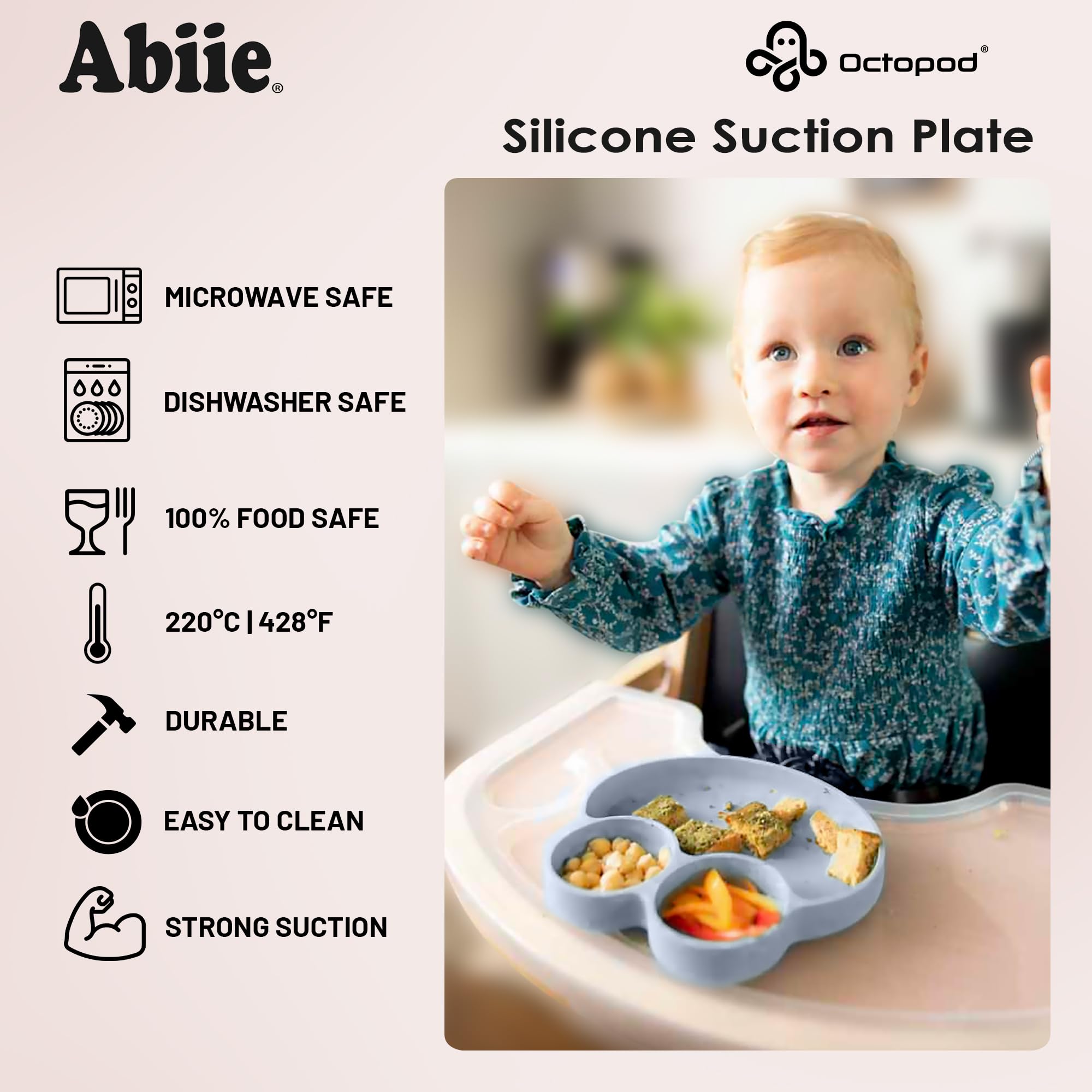 Abiie Octopod Frog Silicone Plates with Suction - Spill Proof, Easy to Clean - BPA-Free Bowl - Suction Plates for Baby and Toddler - Training & Feeding Divided Grip Dish (Sage Green)