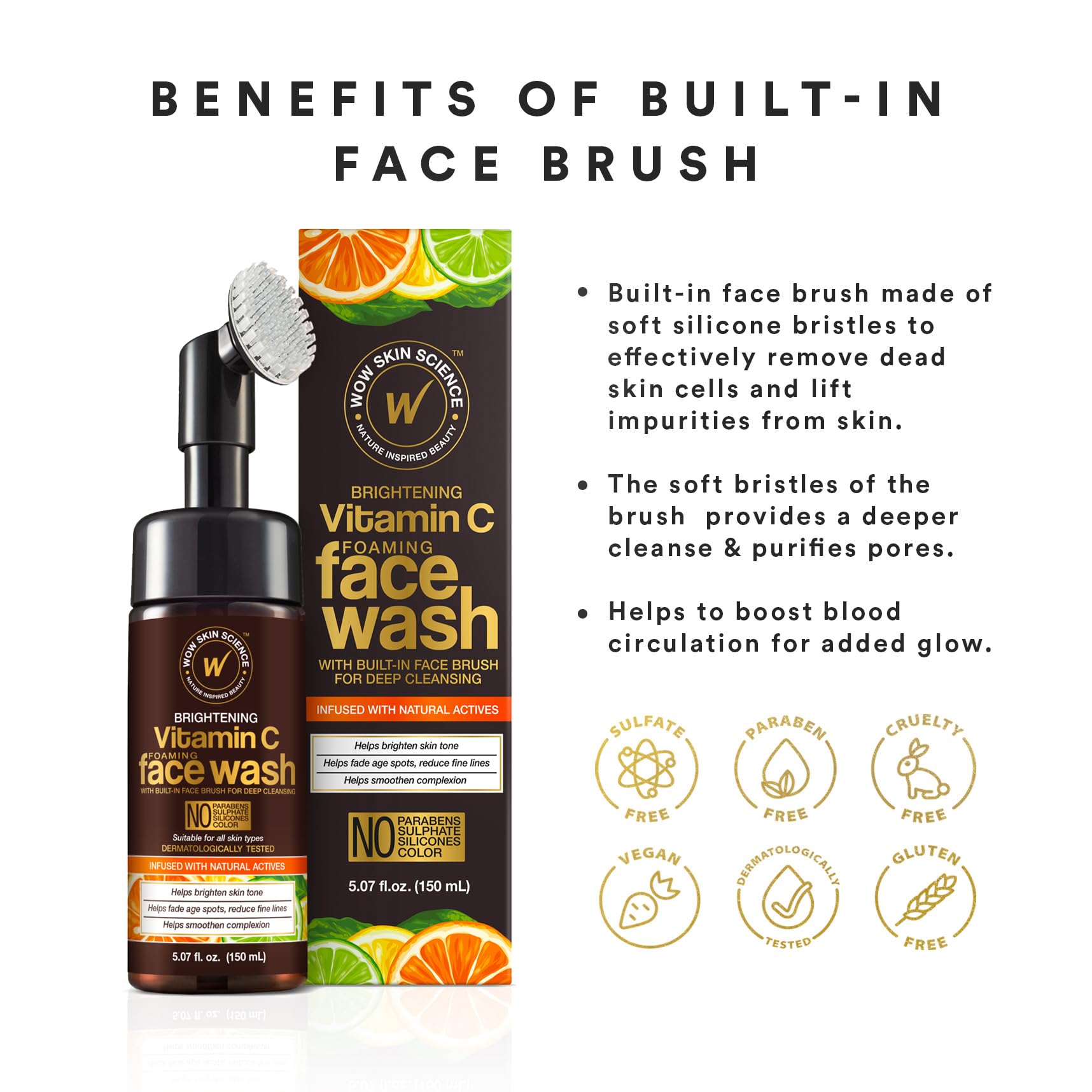 WOW Skin Science Vitamin C Face Wash w/Face Brush - Foaming Facial Cleanser - Facial Skin Care Products - Acne Face Wash for Women - Exfoliating Face Wash Men's Scrub - All Skin Types (150ml)