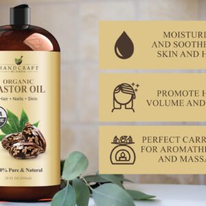 Handcraft Blends Organic Castor Oil - 28 Fl Oz - 100% Pure and Natural - Premium Grade Oil for Hair Growth, Eyelashes and Eyebrows - Carrier Oil - Hair & Body Oil - Expeller-Pressed