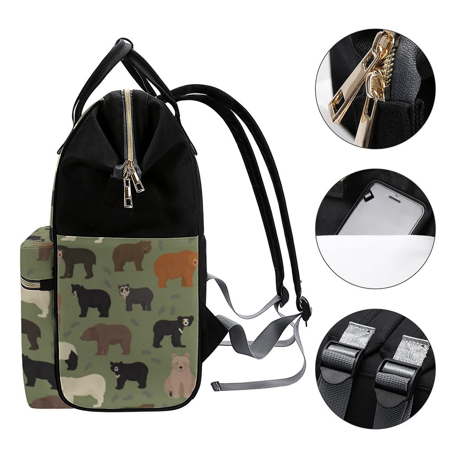 FunnyStar All World Bear Species Diaper Backpack Waterproof Durable Mummy Nappy Shoulder Bag Handbag For Fashion Women Men Black-style