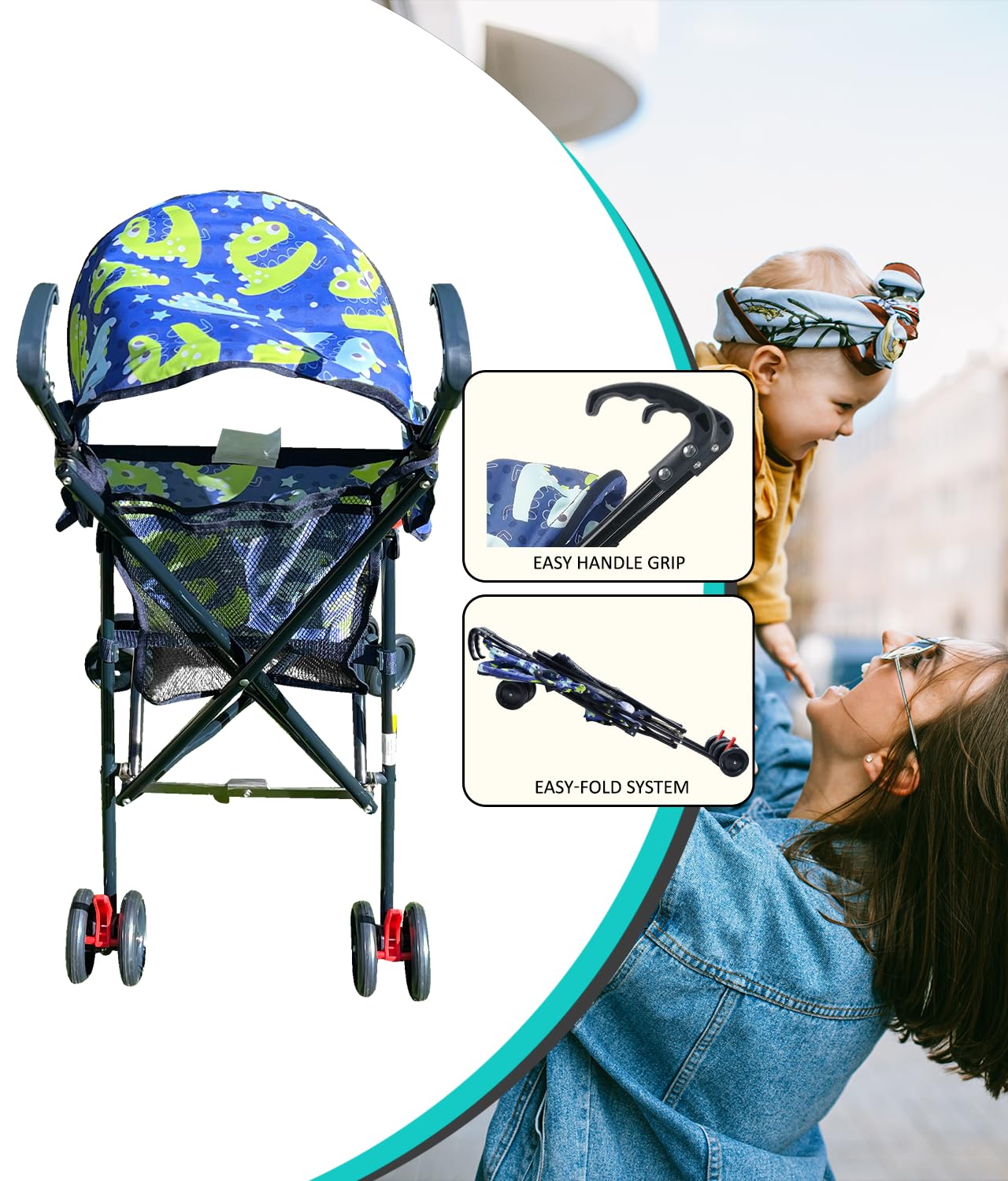 AmorosO Single Umbrella Stroller for Toddler, Travel Stroller for Babies - Sunlight and Light Rain Protection - Baby Stroller with Four EVA Wheels - Travel-Ready Stroller - Round Canopy Navy Blue