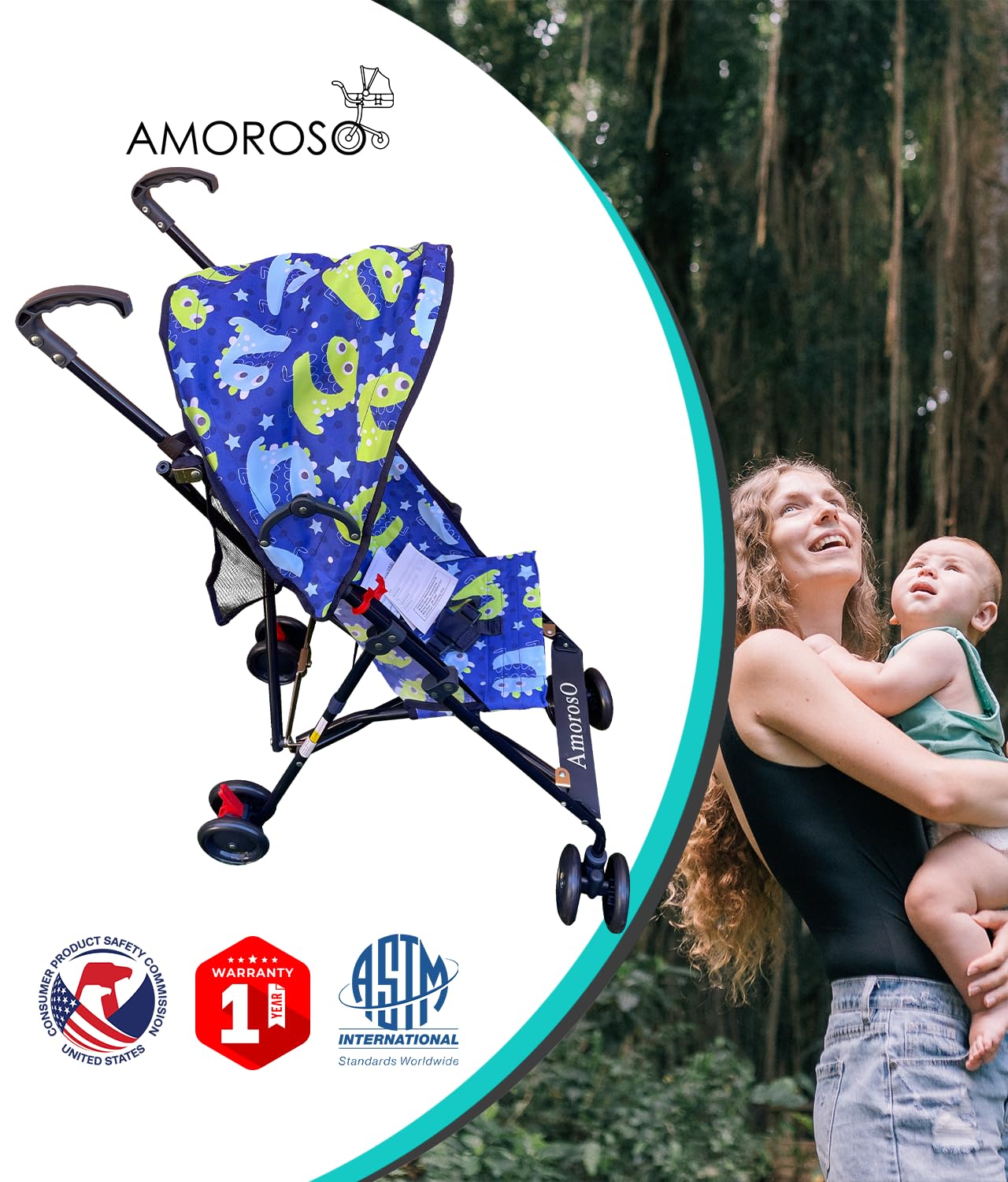 AmorosO Single Umbrella Stroller for Toddler, Travel Stroller for Babies - Sunlight and Light Rain Protection - Baby Stroller with Four EVA Wheels - Travel-Ready Stroller - Round Canopy Navy Blue