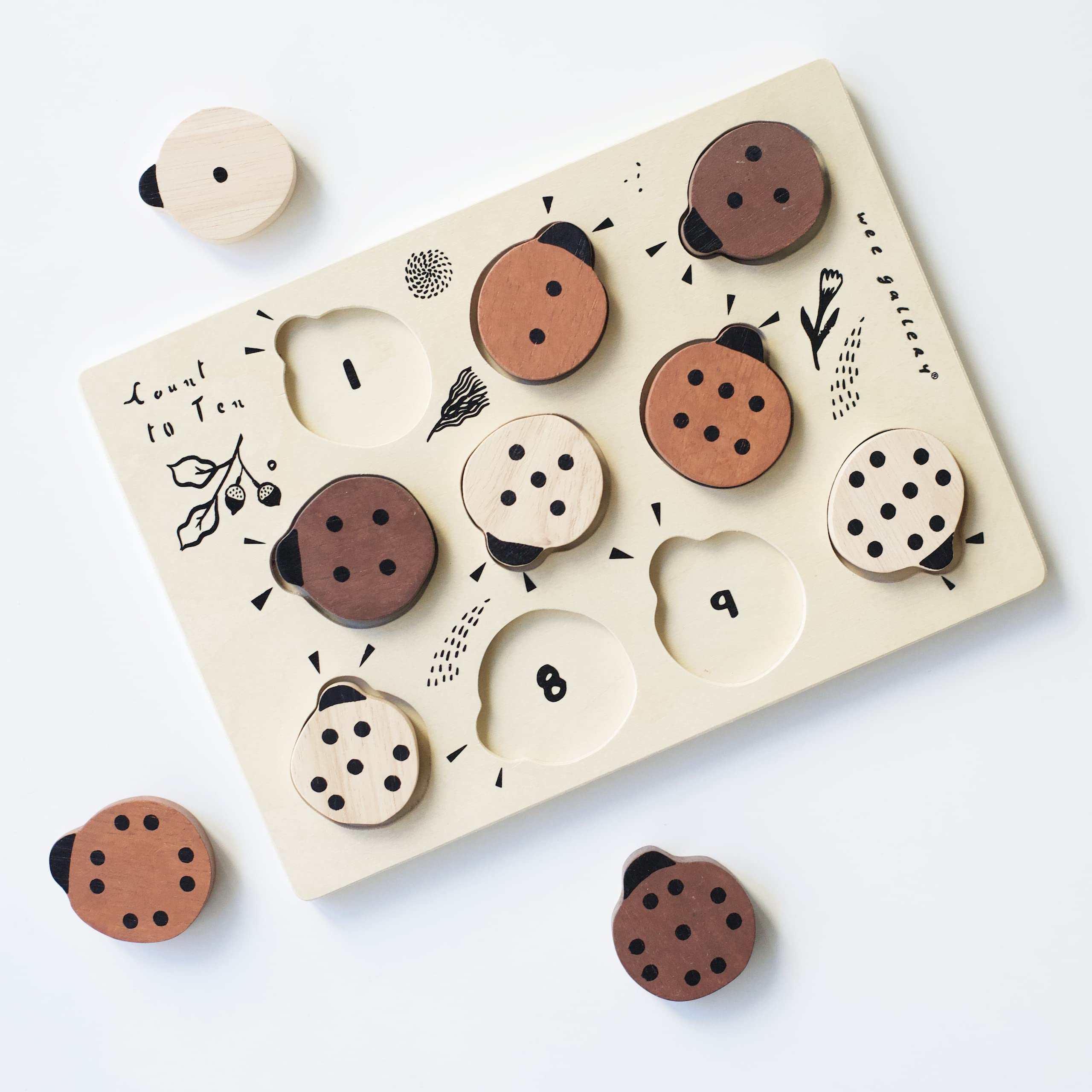 Wee Gallery Wooden Tray Puzzle Count to Ten Ladybugs - Montessori Toys for Early Learning & Fine Motor Skill Development - Sustainable Educational Toys for Kids - (10x 7 Inches)