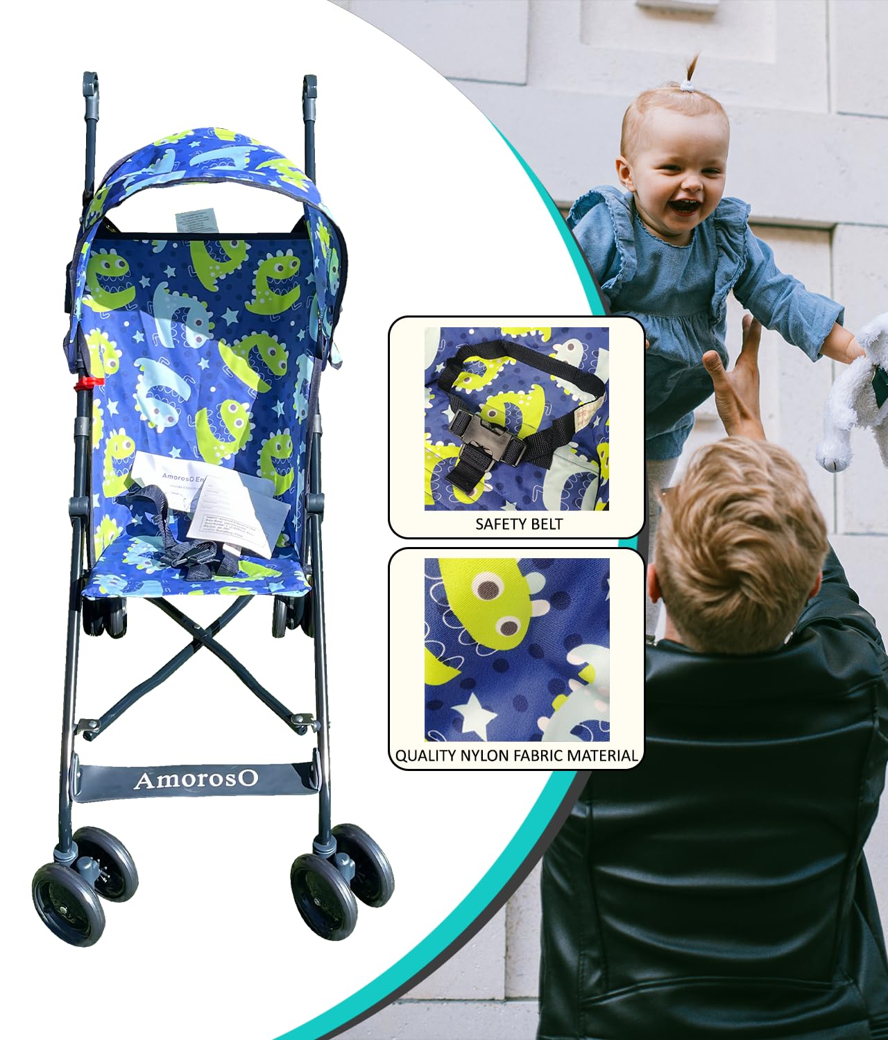 AmorosO Single Umbrella Stroller for Toddler, Travel Stroller for Babies - Sunlight and Light Rain Protection - Baby Stroller with Four EVA Wheels - Travel-Ready Stroller - Round Canopy Navy Blue