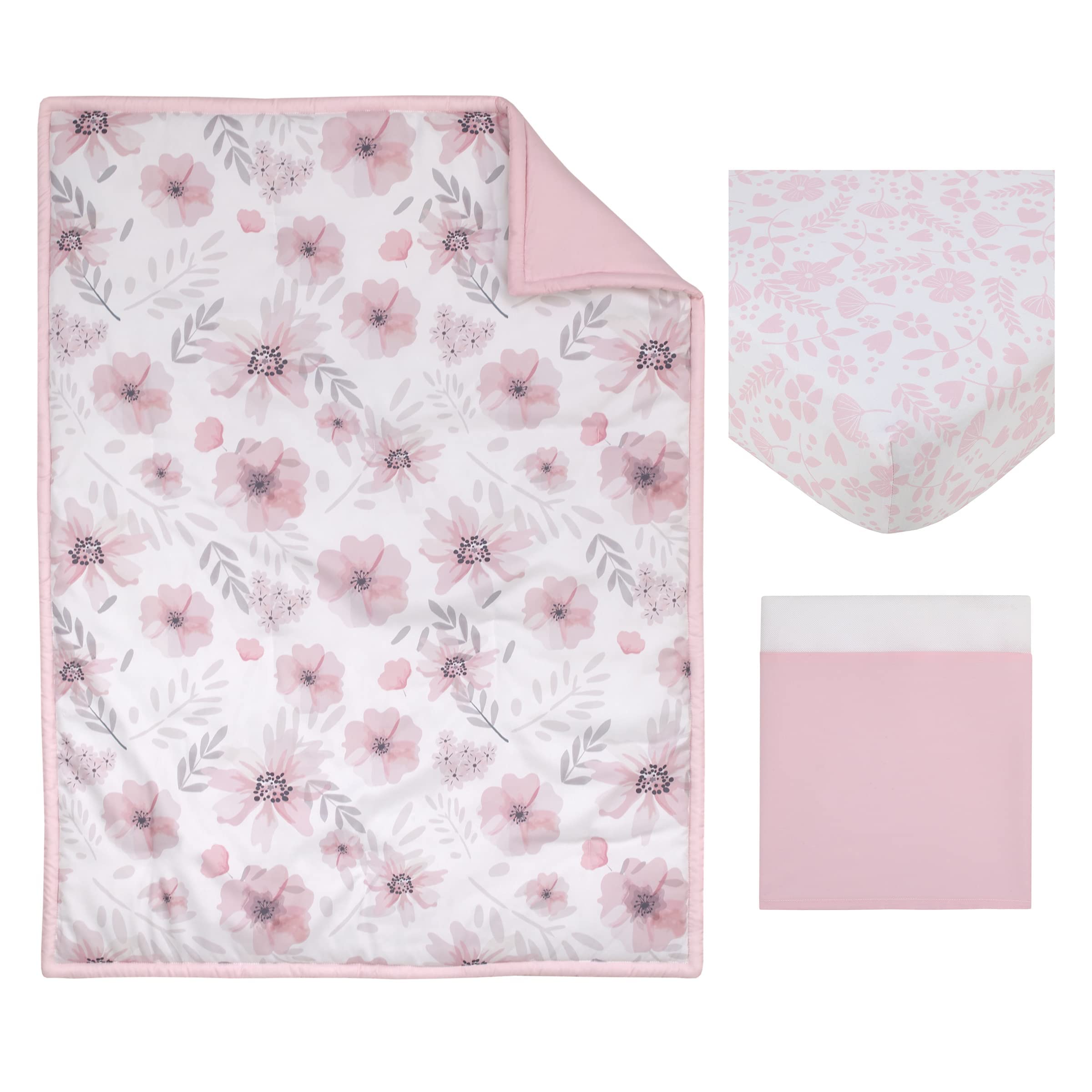 Little Love by NoJo Beautiful Blooms Pink, White, and Grey Floral 3 Piece Nursery Crib Bedding Set - Comforter, Fitted Crib Sheet and Crib Skirt