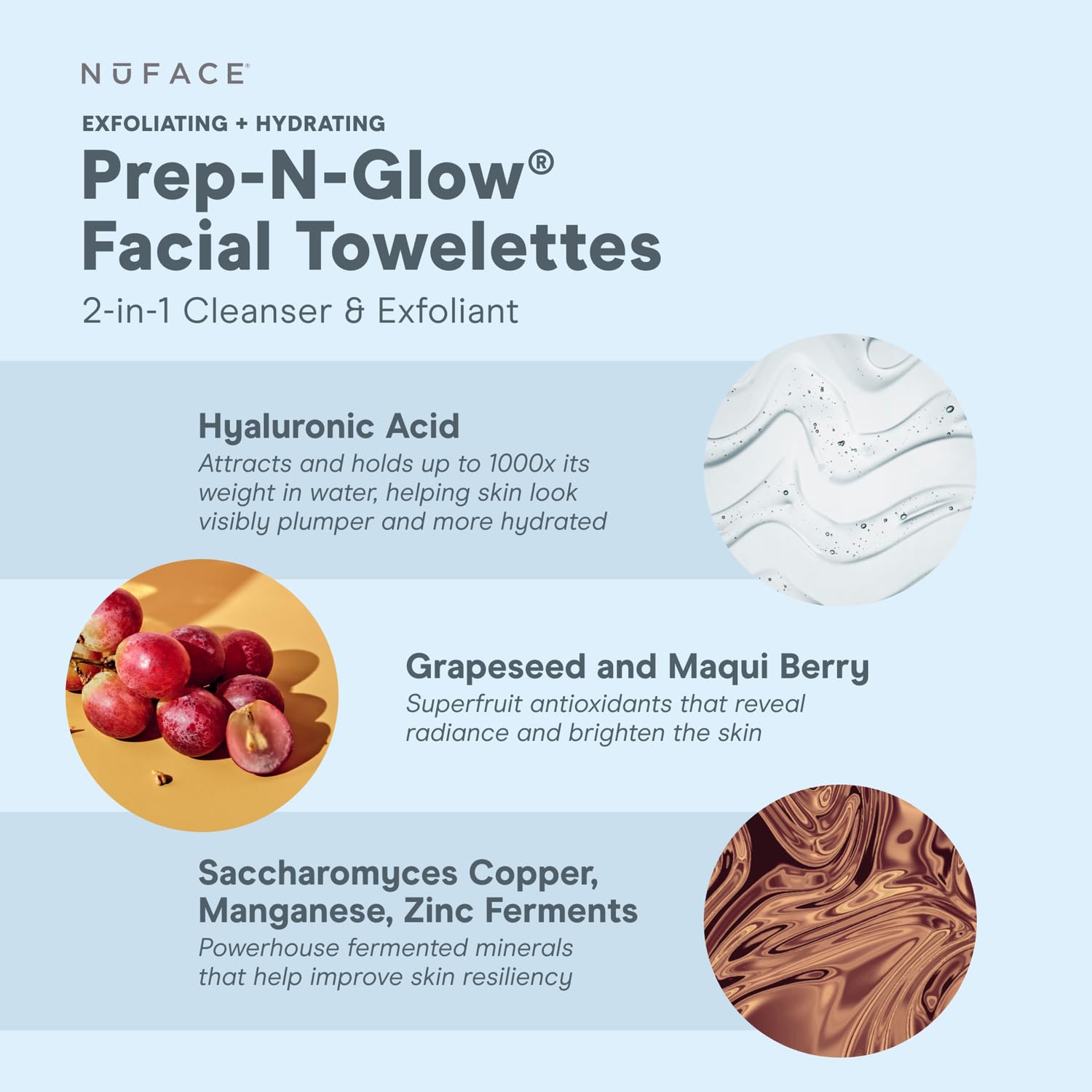 NuFACE Prep-N-Glow Facial Towelettes - 2-in-1 Exfoliating + Cleansing Makeup Remover Wipes, Hyaluronic Acid Travel Face Wipes to Hydrate & Brighten for Glowing Skin - 20 Individually Wrapped Cloths