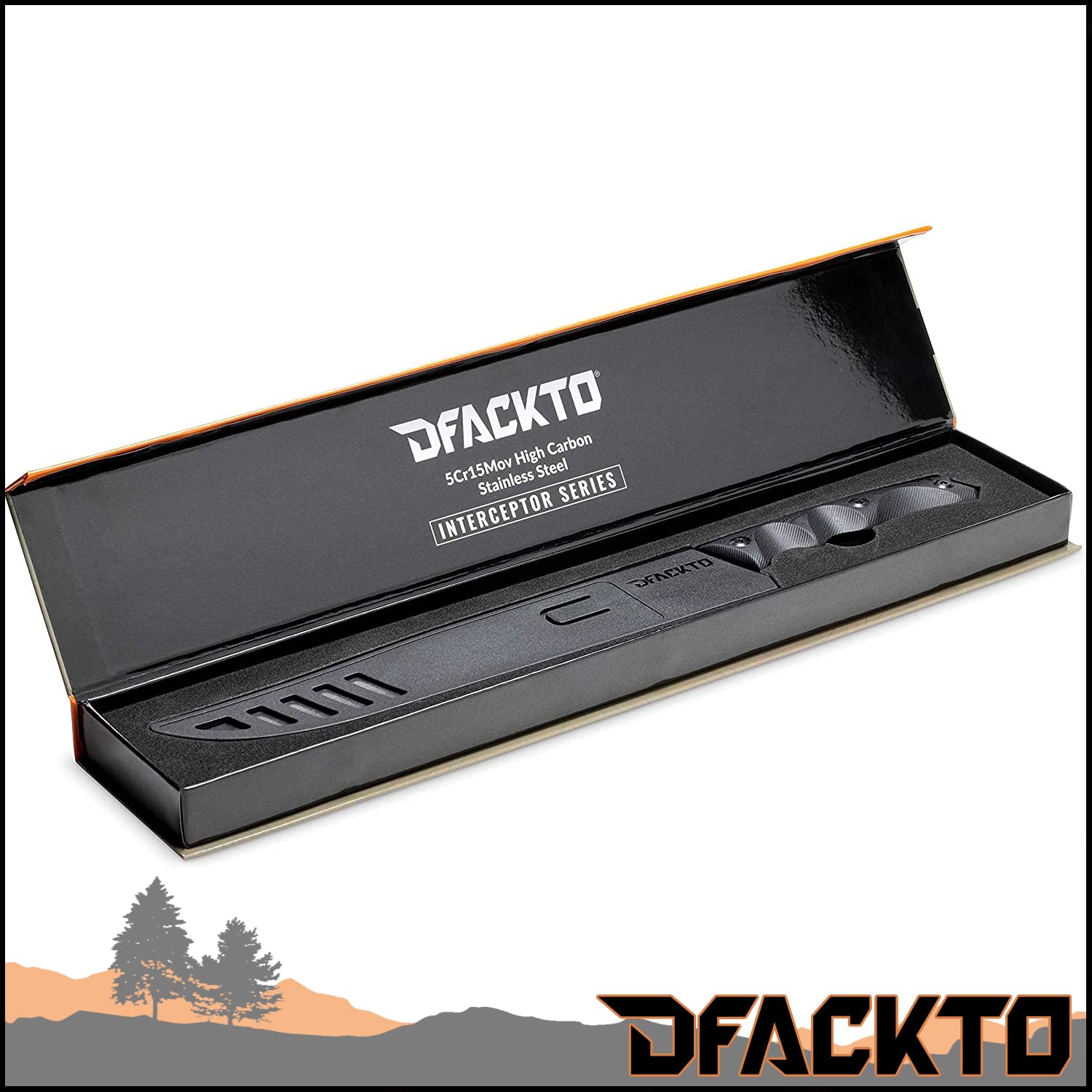 DFACKTO Interceptor 10-Inch Butcher Knife, 7-Inch Carving Fork, 8-Inch Honing Steel for Outdoors, Black Tactical G10