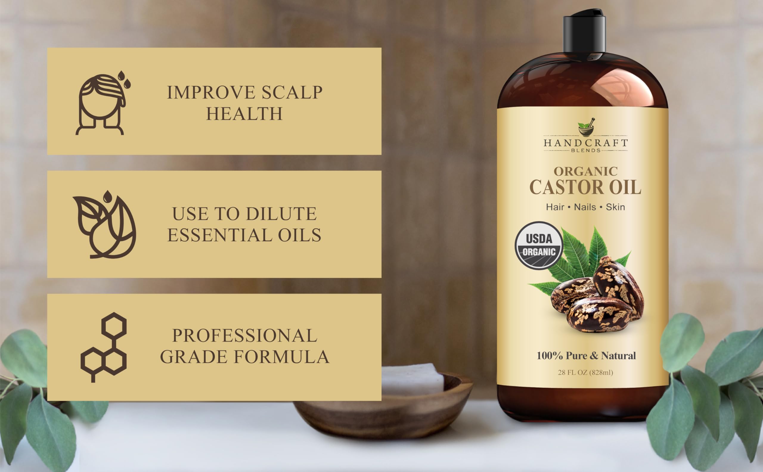 Handcraft Blends Organic Castor Oil - 28 Fl Oz - 100% Pure and Natural - Premium Grade Oil for Hair Growth, Eyelashes and Eyebrows - Carrier Oil - Hair & Body Oil - Expeller-Pressed