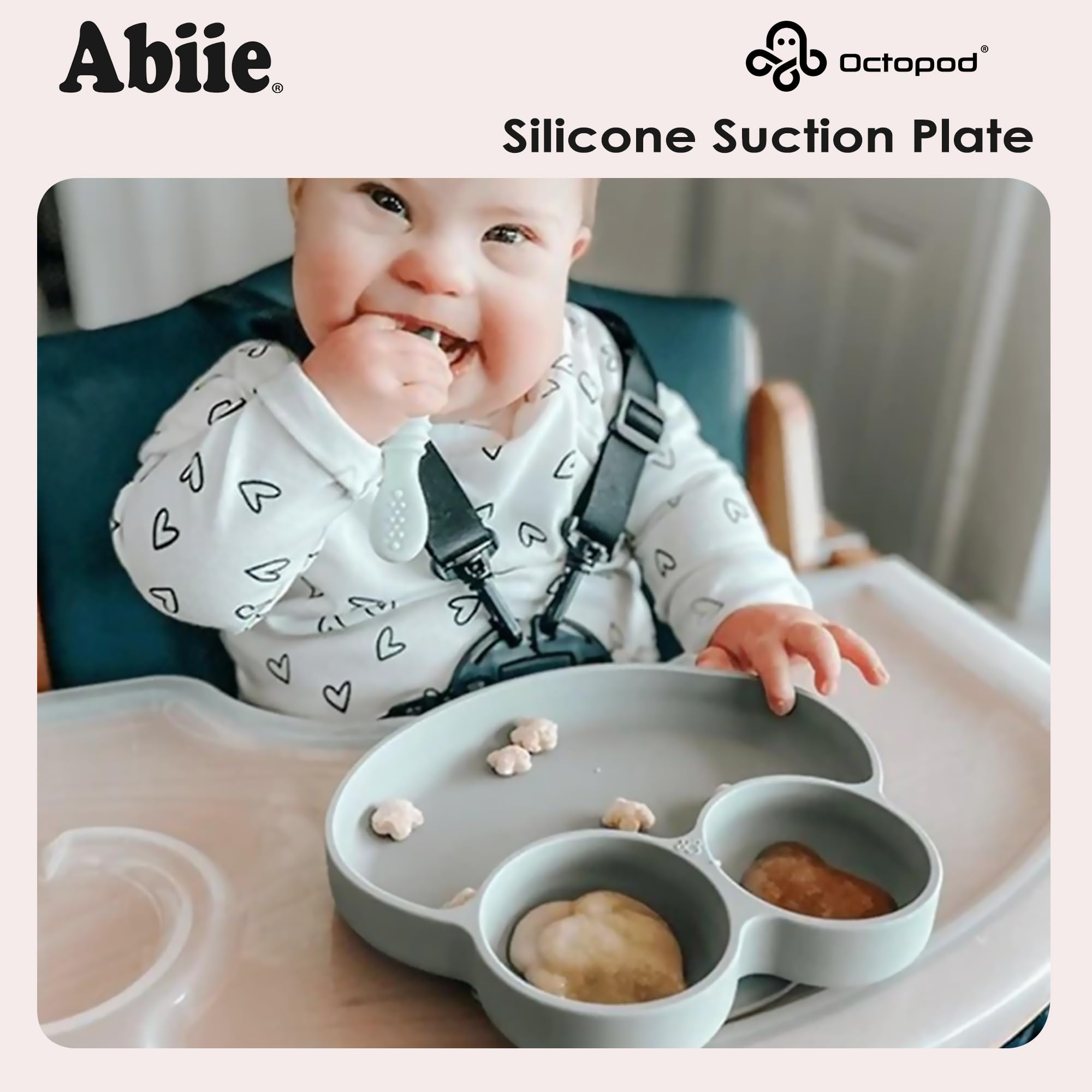 Abiie Octopod Frog Silicone Plates with Suction - Spill Proof, Easy to Clean - BPA-Free Bowl - Suction Plates for Baby and Toddler - Training & Feeding Divided Grip Dish (Sage Green)