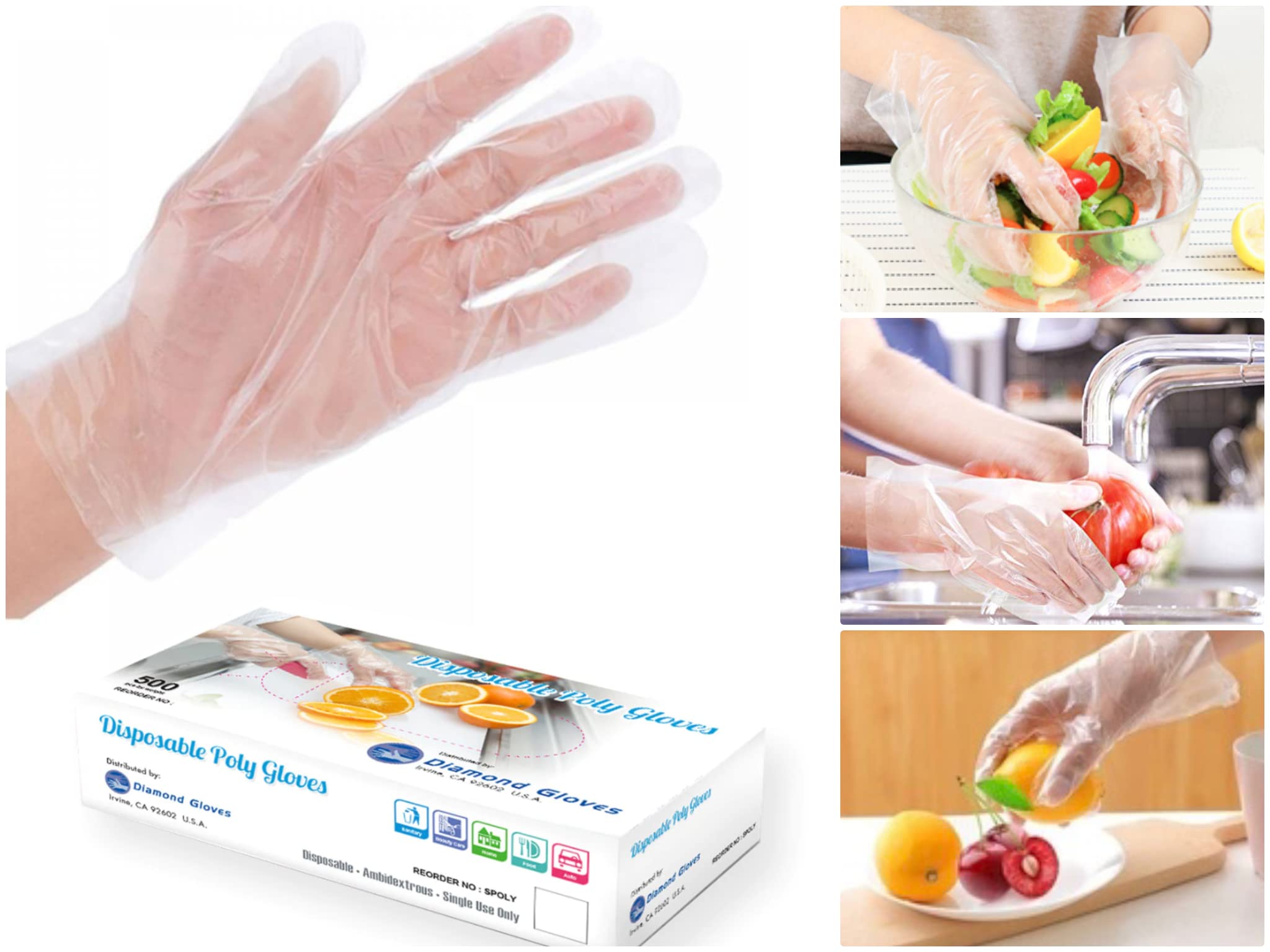 Gloves+com Disposable Food Service Poly Gloves, Large, 500 Count - High Density, Odorless, Extra Finger Tip Protection, Good Grip, Food Grade Material