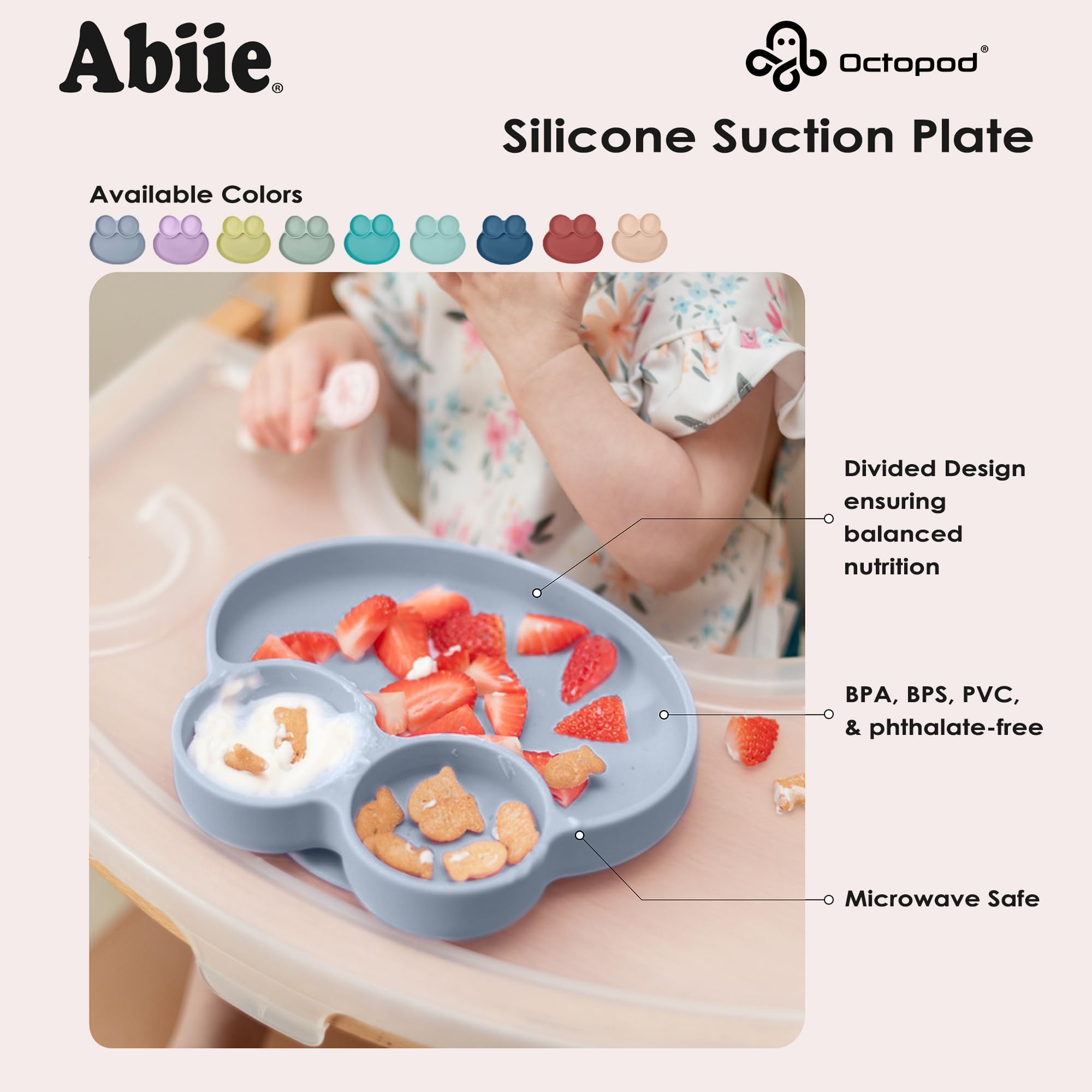 Abiie Octopod Frog Silicone Plates with Suction - Spill Proof, Easy to Clean - BPA-Free Bowl - Suction Plates for Baby and Toddler - Training & Feeding Divided Grip Dish (Sage Green)