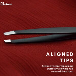 Stelone Tweezers for Eyebrows - Slant Tip Professional Stainless Steel Eyebrow Tweezers for Women & Men - Great Precision on Brow, Facial Hair & Ingrown Hair (Black)