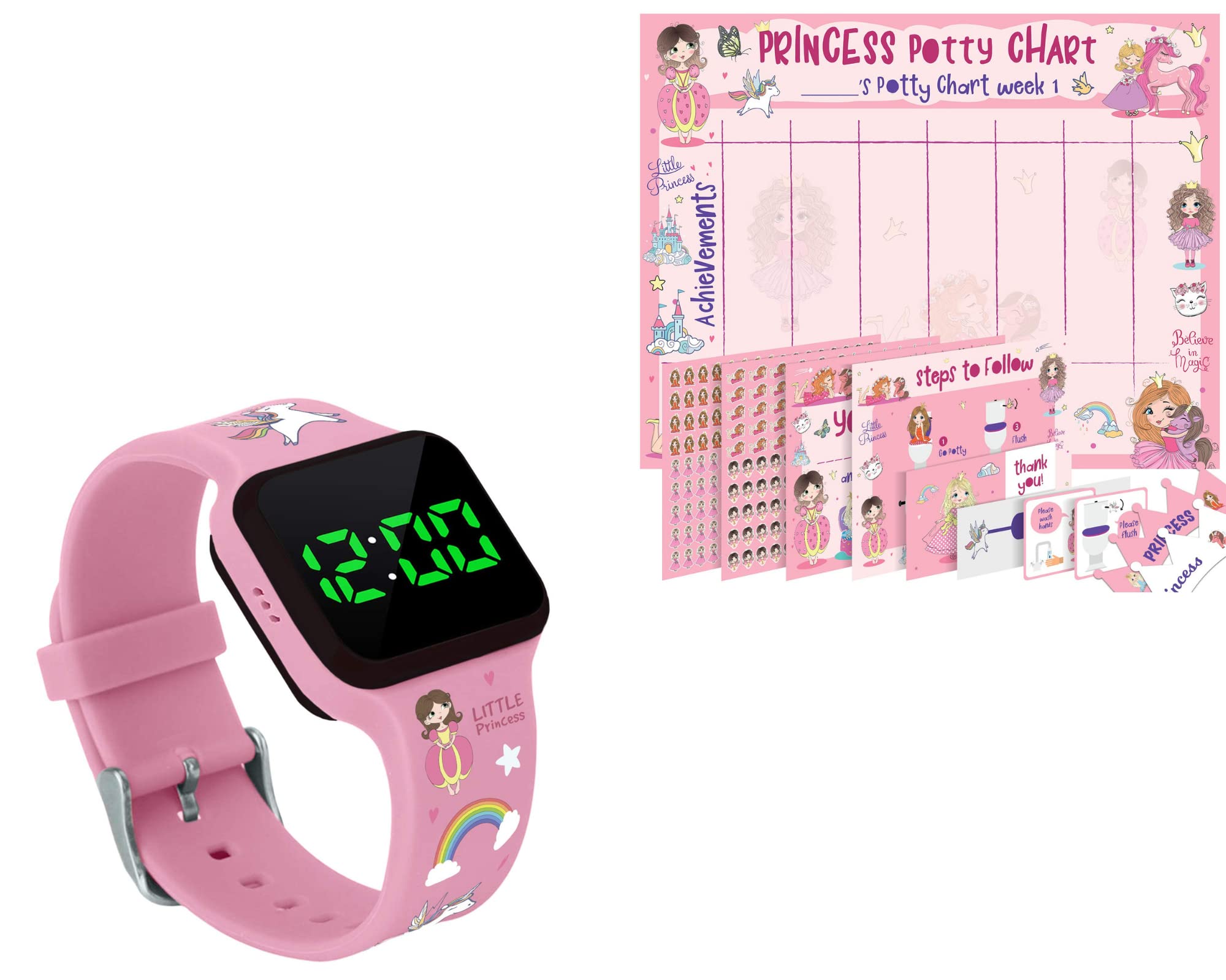 ATHENA FUTURES Potty Training Count Down Timer Watch - Princess Pink and Potty Training Chart for Girls - Princess and Unicorn Design