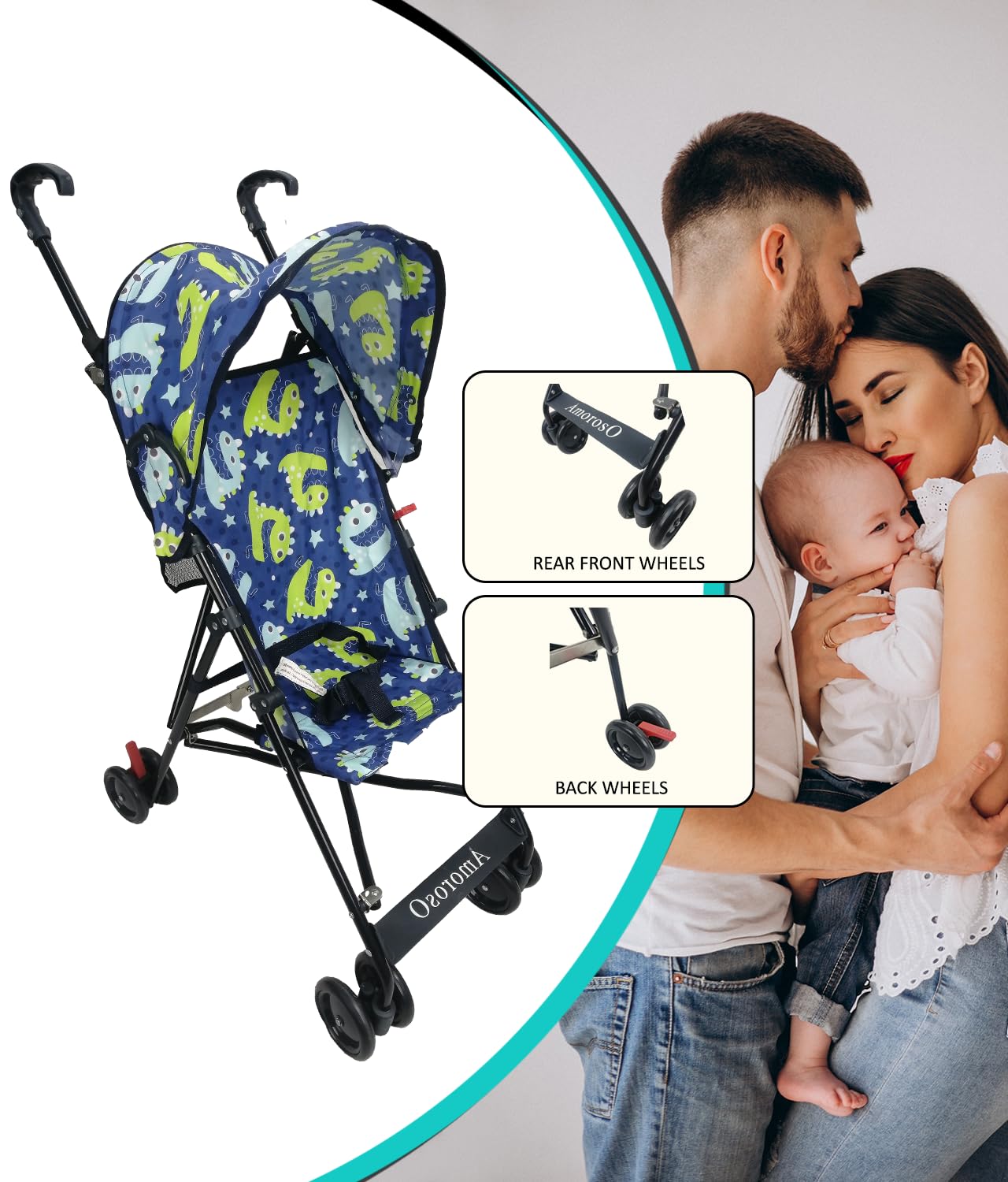 AmorosO Single Umbrella Stroller for Toddler, Travel Stroller for Babies - Sunlight and Light Rain Protection - Baby Stroller with Four EVA Wheels - Travel-Ready Stroller - Round Canopy Navy Blue