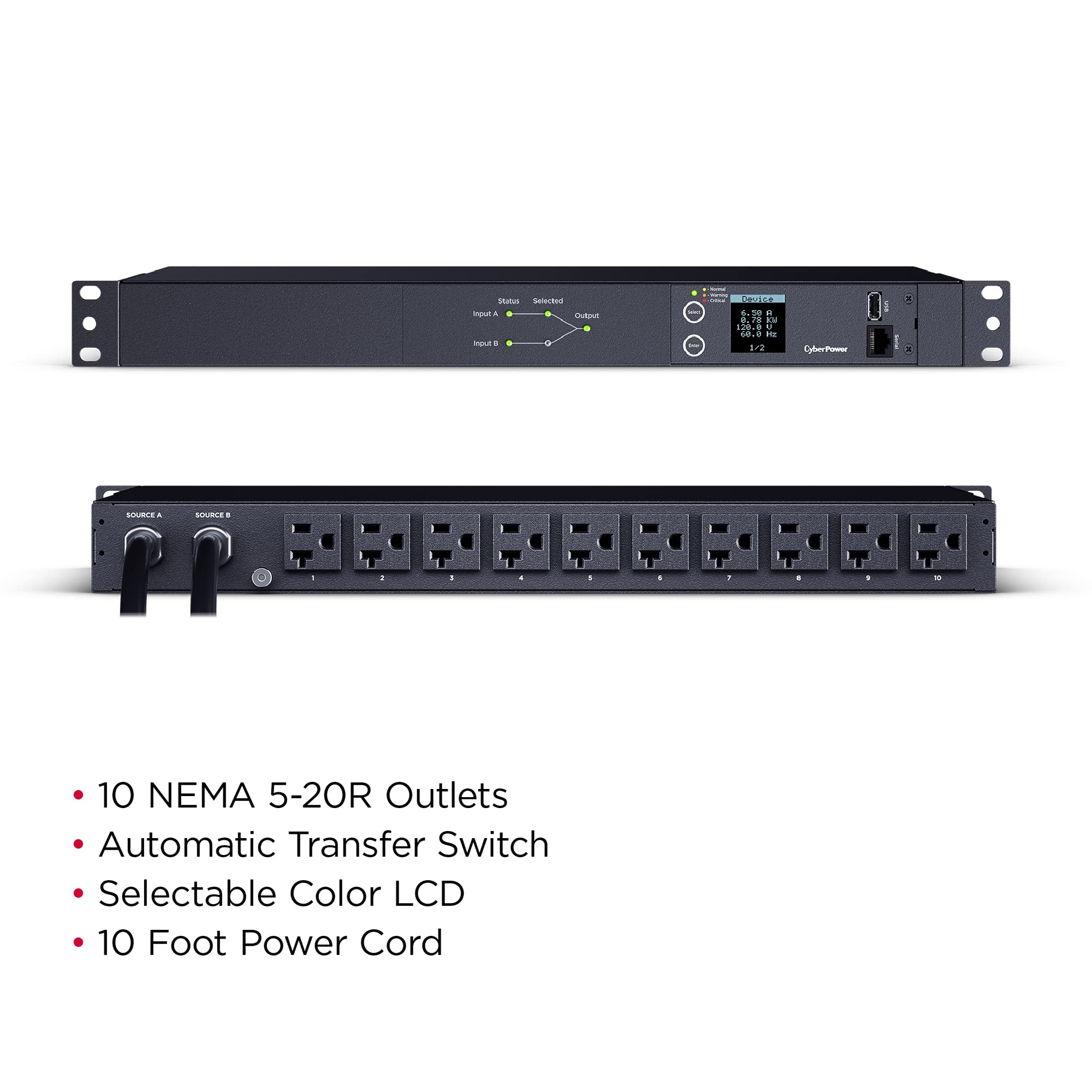 CyberPower PDU24002 Metered ATS PDU, 100-120V, 20A (Derated to 16A), 10 Outlets, 1U Rackmount