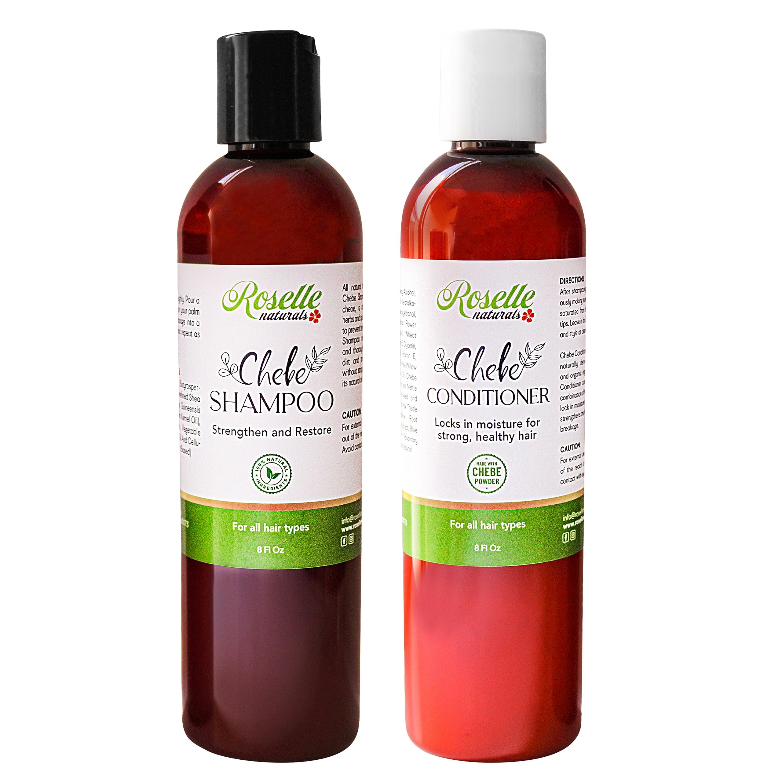 Roselle Naturals Chebe Shampoo and Conditioner for Hair Growth - Chebe Hair Shampoo and Conditioner Hair Growth Oil Duo with Chebe Oil and Rosemary Oil for Hair Growth, Hair Oil, 8 oz