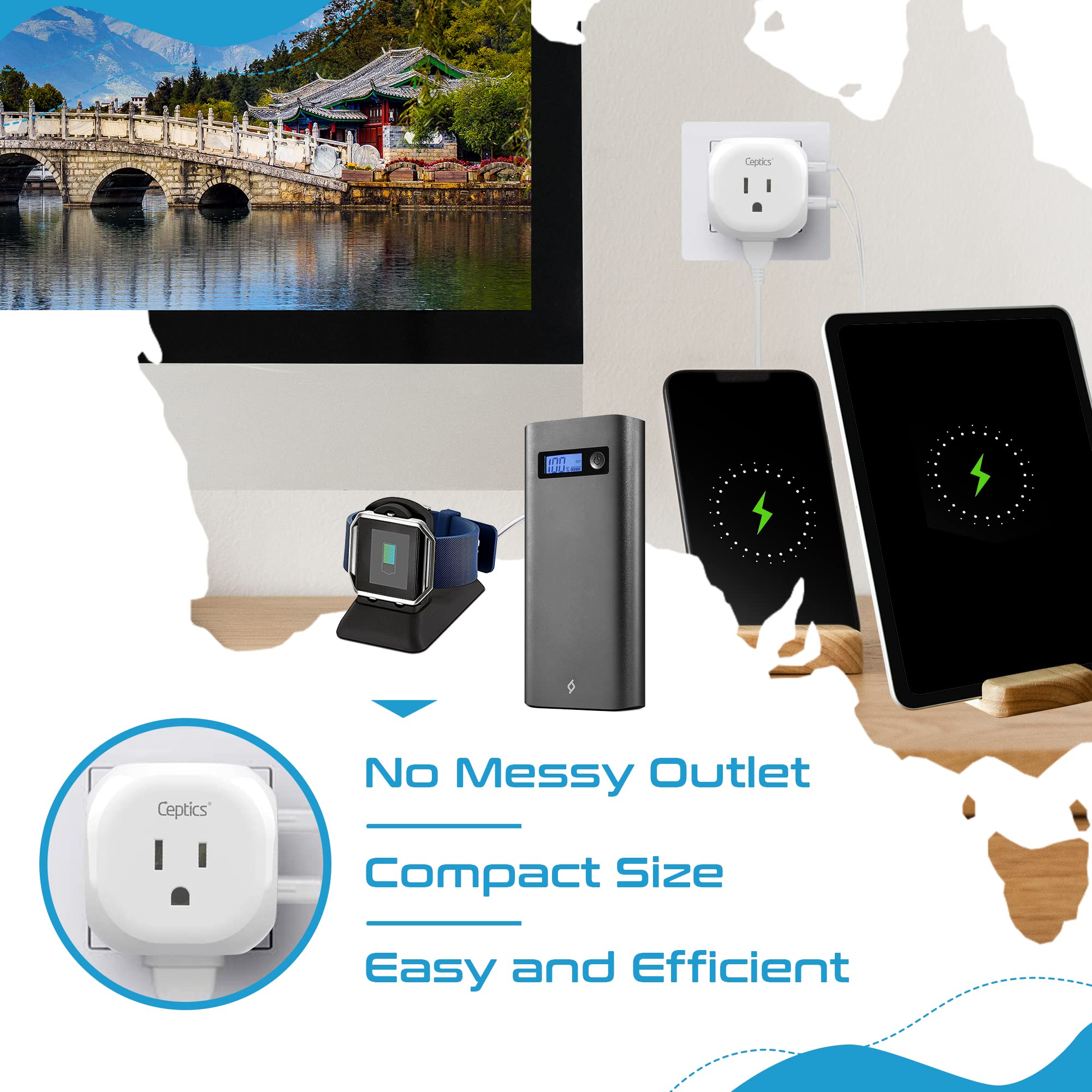 Ceptics Australia, China Travel Adapter - 5 Input with 20W PD-QC 3.1A Dual USB-C and USB - Ultra Compact - Light Weight - USA to Any Type I Countries Such as New Zealand, Argentina and More