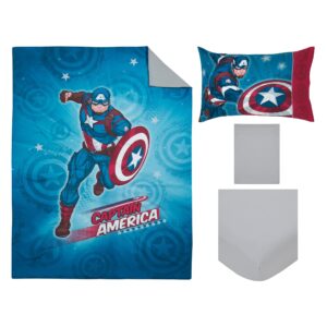 marvel captain america red, white, and blue 4 piece toddler bed set - comforter, fitted bottom sheet, flat top sheet and reversible pillowcase