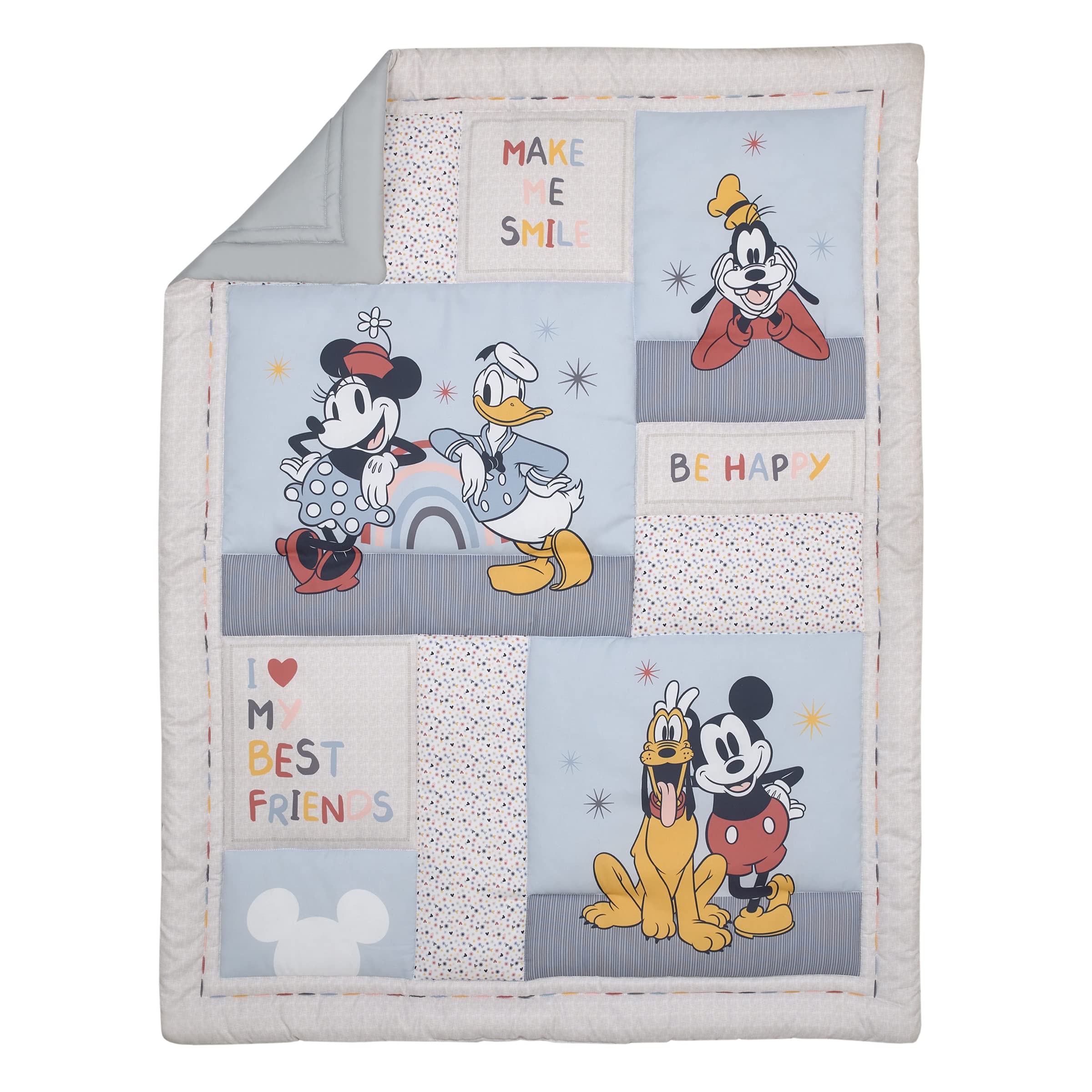 Disney Mickey and Friends Grey, Blue, Gold and Red Mickey Mouse, Minnie Mouse, Donald Duck, Pluto and Goofy 3 Piece Nursery Crib Bedding Set - Comforter, Fitted Crib Sheet and Crib Skirt