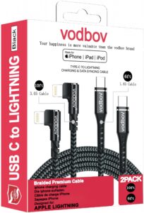 vodbov 90 degree iphone charger fast charging cable 2pack 10ft 6ft usb c to lightning right angle black