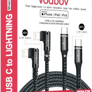 VODBOV 90 Degree iPhone Charger Fast Charging Cable 2Pack 10ft 6ft USB C to Lightning Right Angle Black