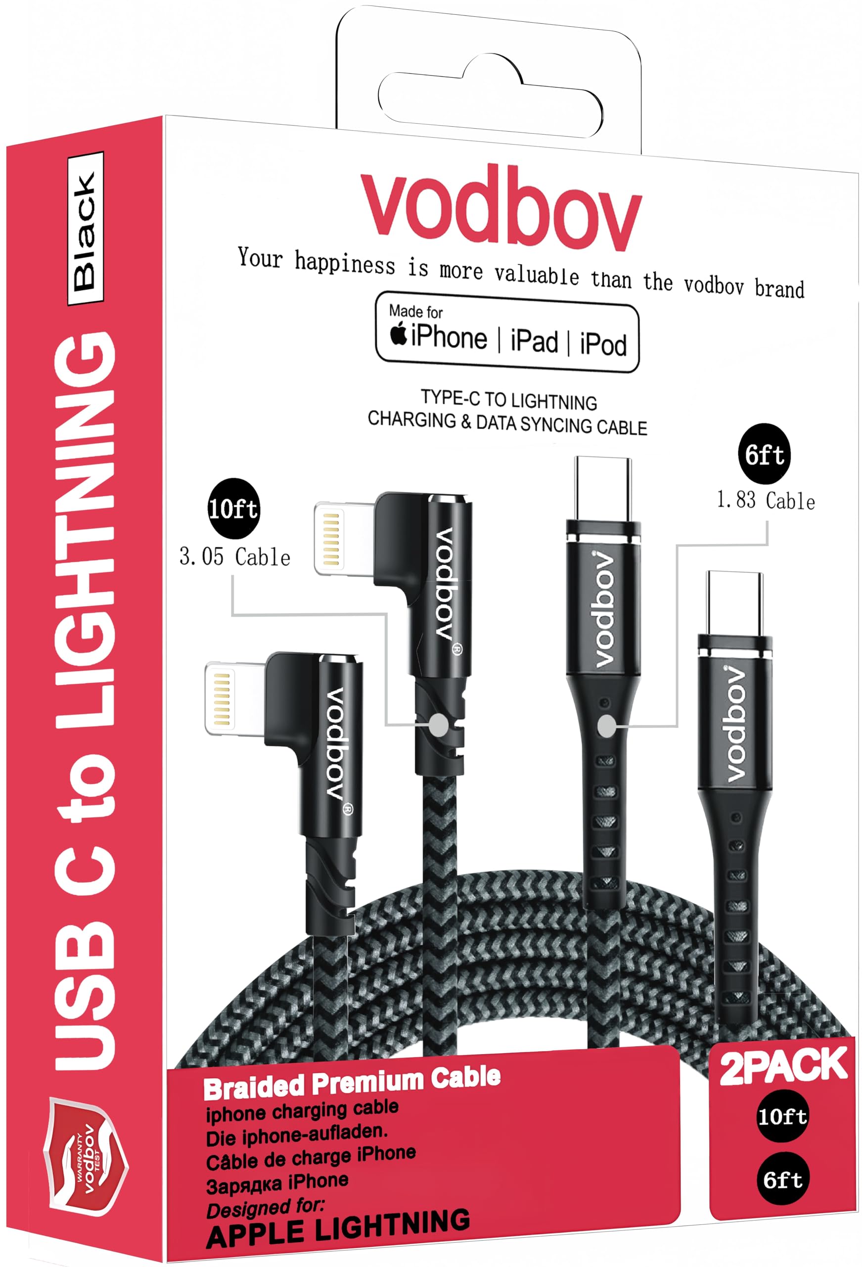 VODBOV 90 Degree iPhone Charger Fast Charging Cable 2Pack 10ft 6ft USB C to Lightning Right Angle Black